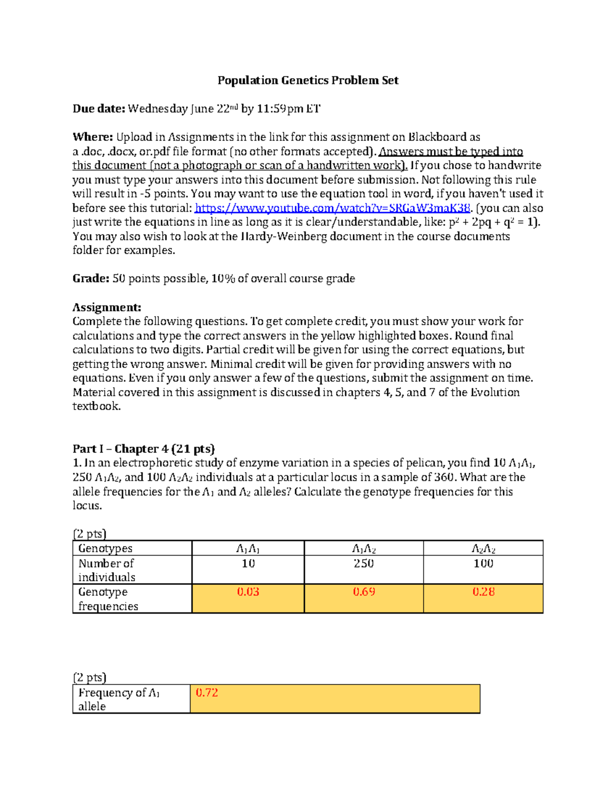 BIO 354 pop gen problem set 2022 - **Population Genetics Problem Set ...