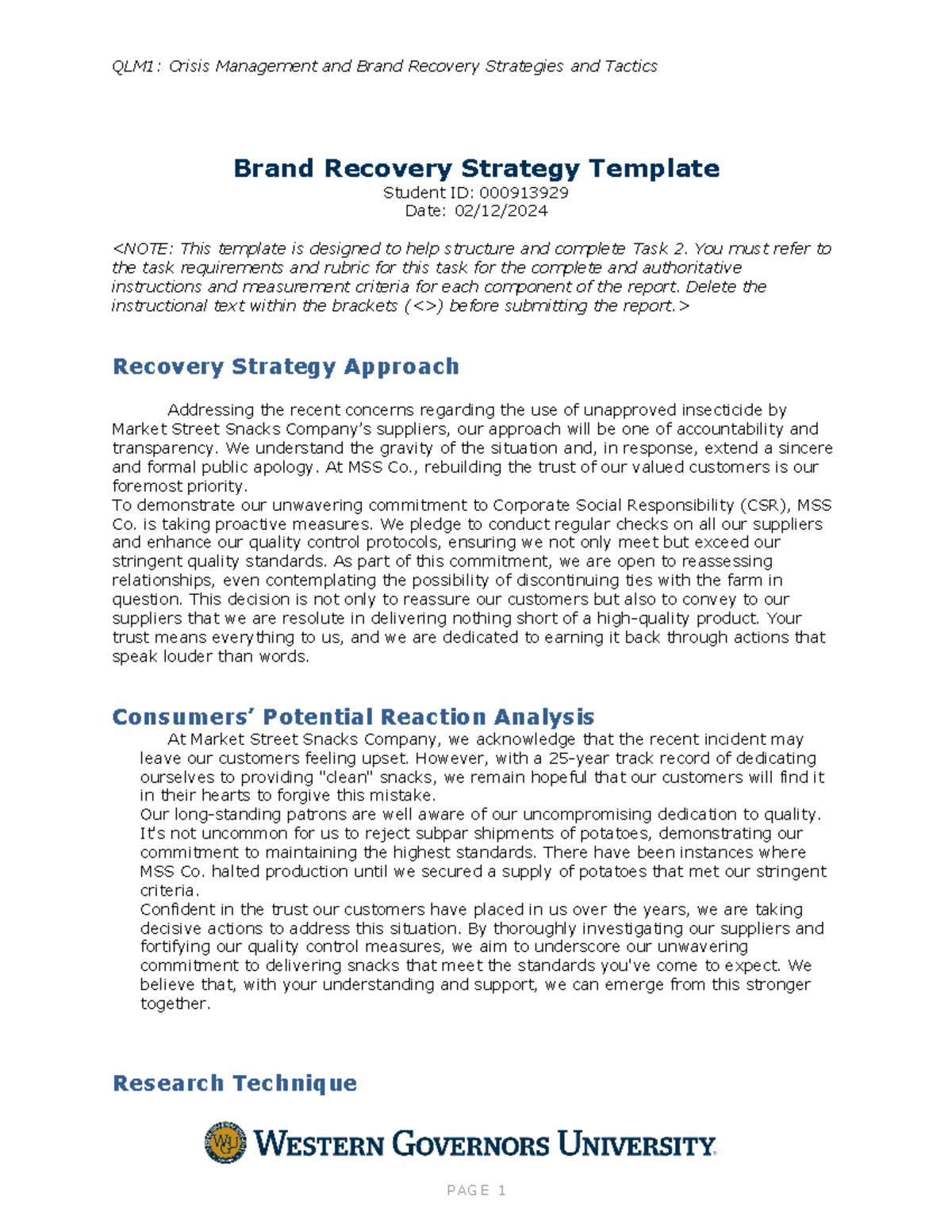 Brand Recovery Strategy Template-Austin Snow - QLM1: Crisis Management ...