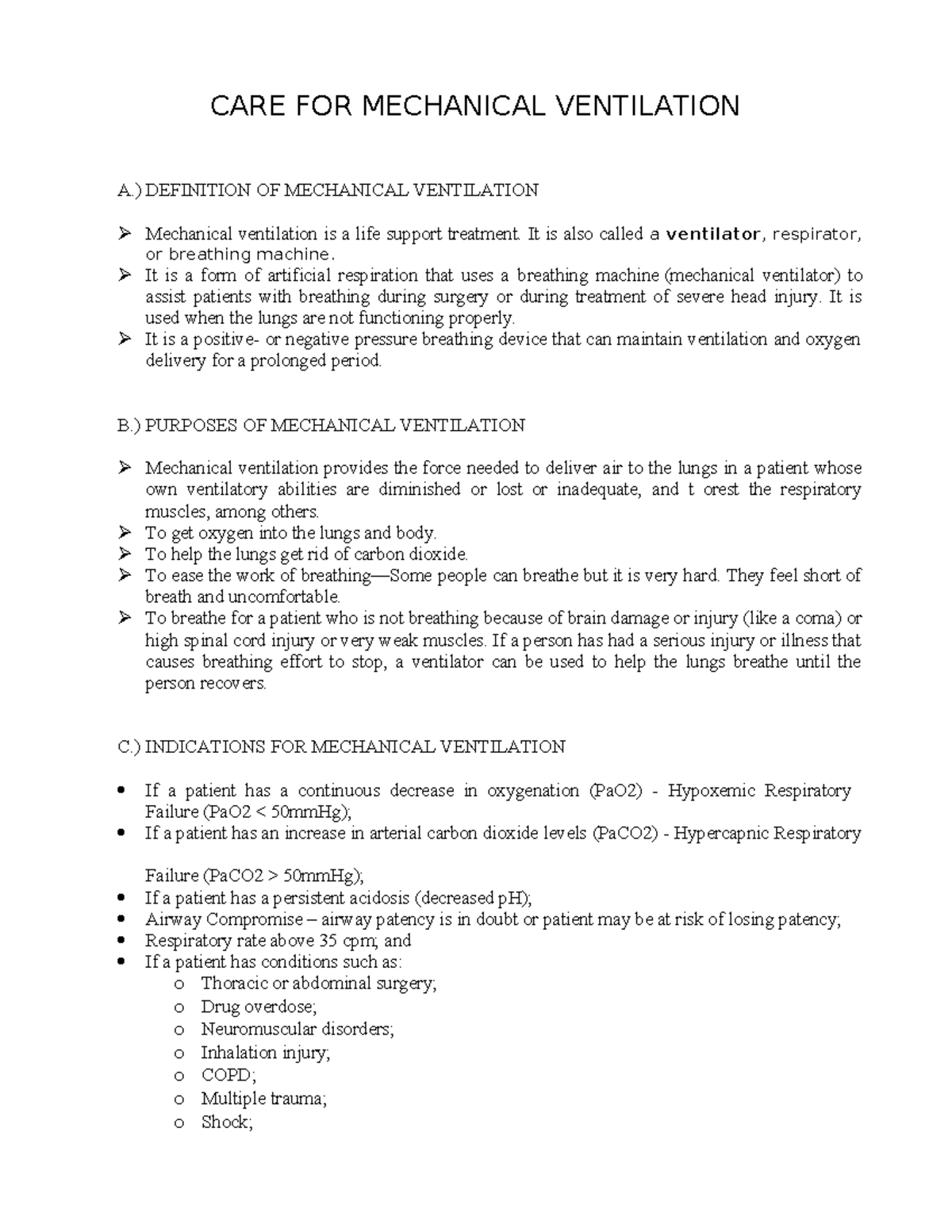 Care for Mechanical Ventilation - CARE FOR MECHANICAL VENTILATION A ...