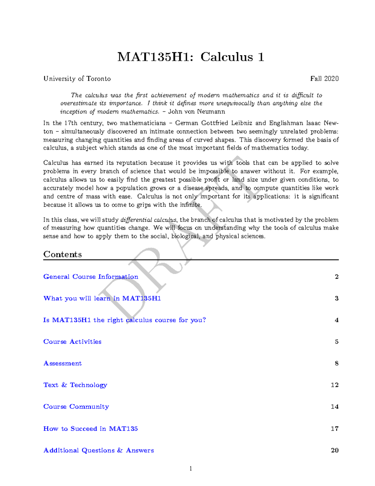 MAT135 Syllabus - DRAFT MAT135H1: Calculus 1 University of Toronto Fall ...