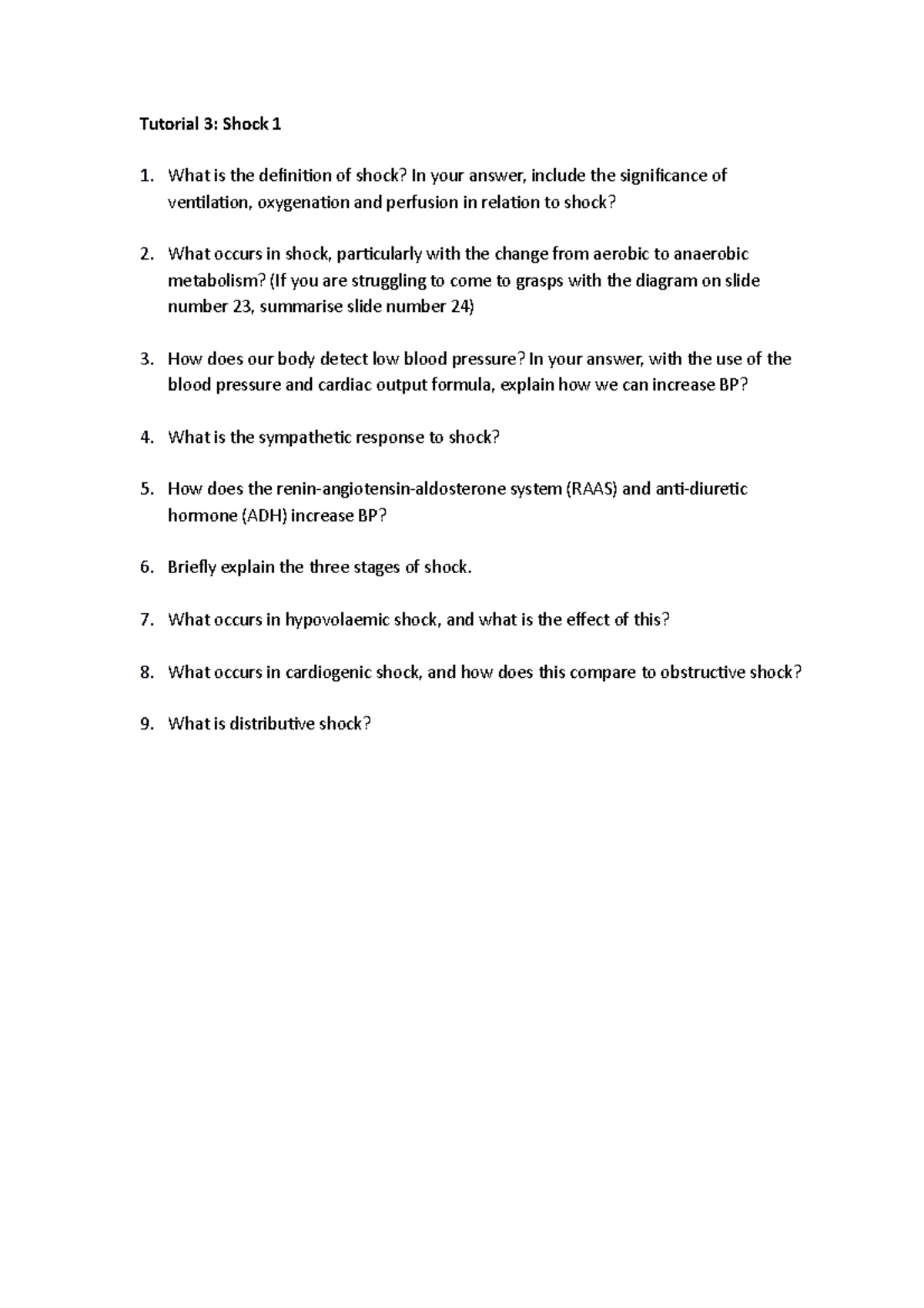 Lecture 3 Study Questions. Shock 1 (1) - Tutorial 3: Shock 1 What is ...