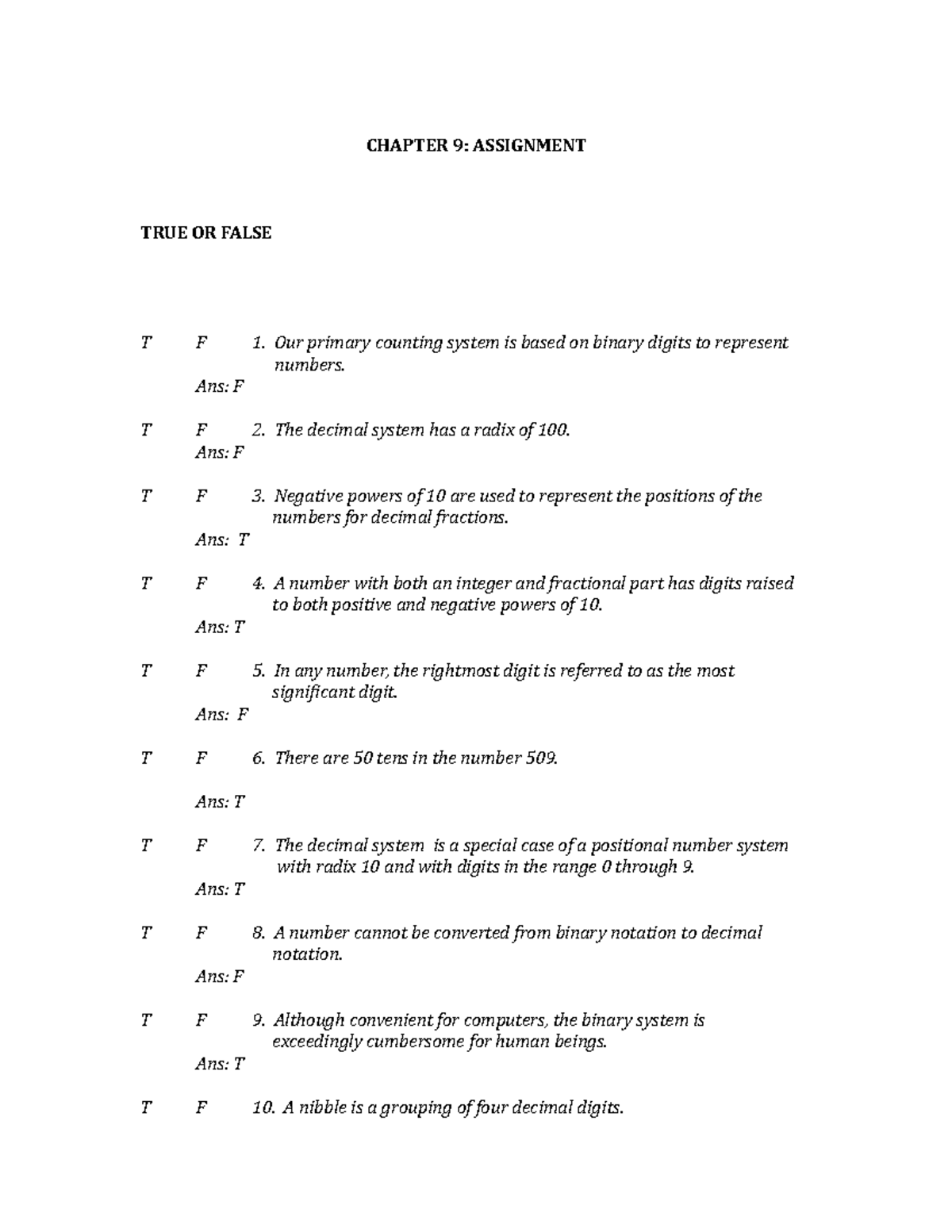CH09 Assignment - CHAPTER 9: ASSIGNMENT TRUE OR FALSE T F 1. Our ...