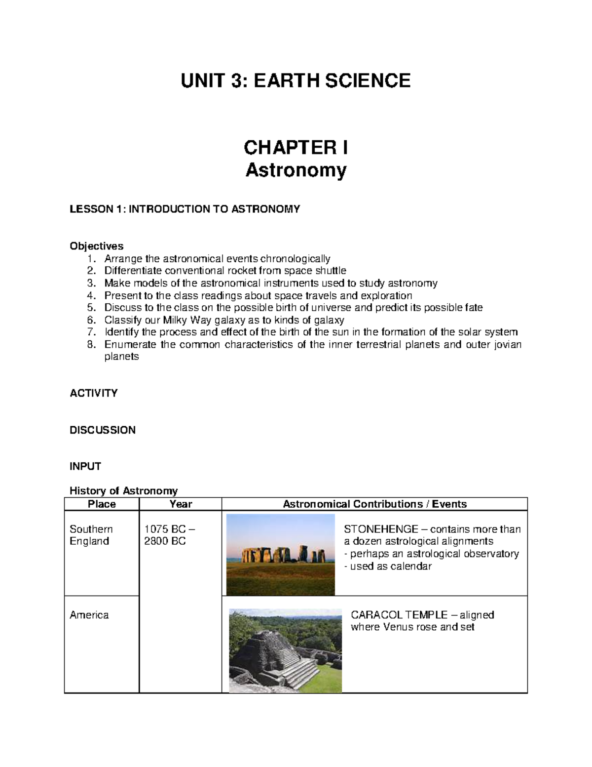 Earth sci - UNIT 3: EARTH SCIENCE CHAPTER I Astronomy LESSON 1 ...