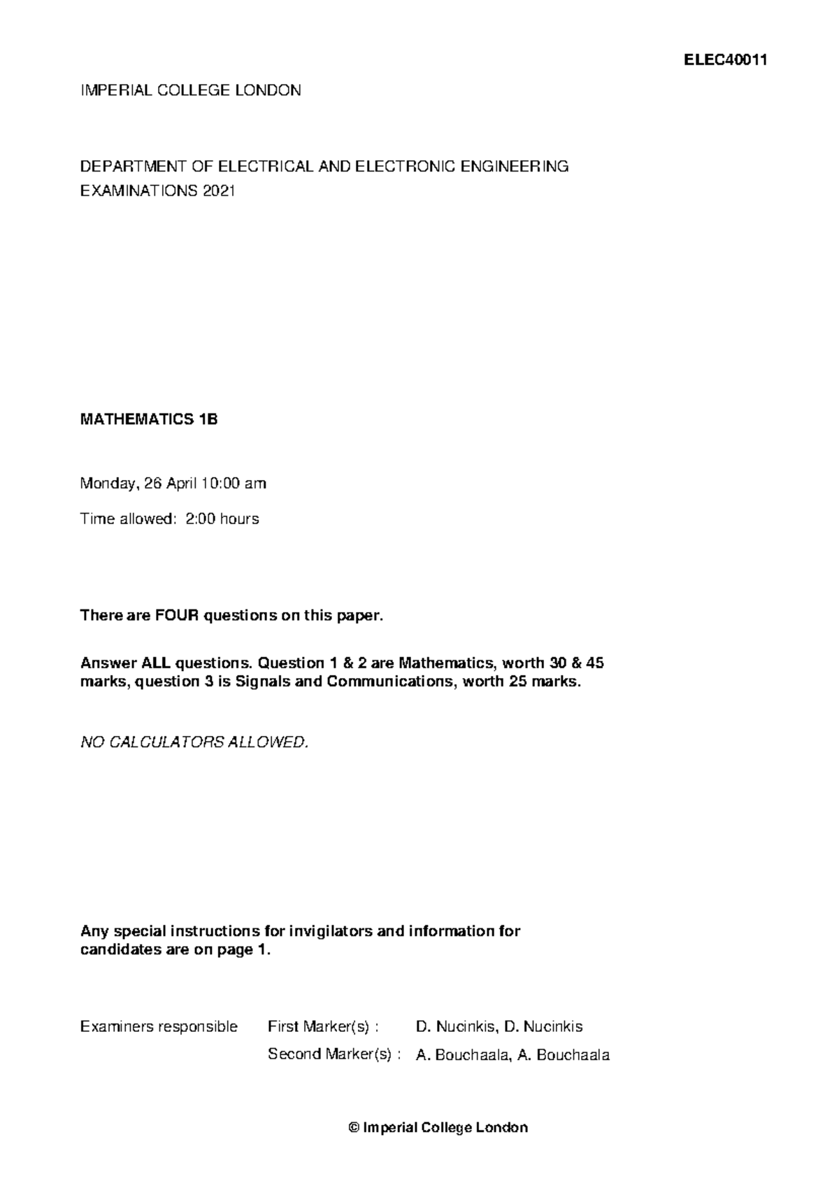 Mathematics 1B Exam Paper 2021 - IMPERIAL COLLEGE LONDON MATHEMATICS 1B ...