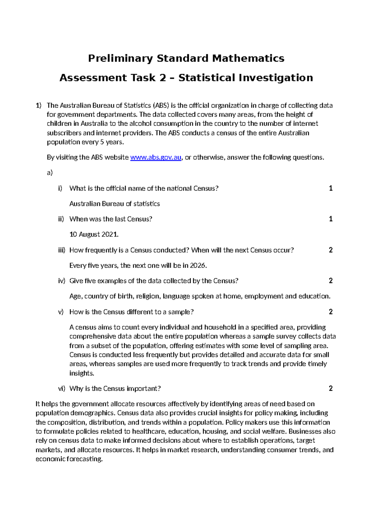 2024 Y11Std Task2 Statistical Investigation - Preliminary Standard ...
