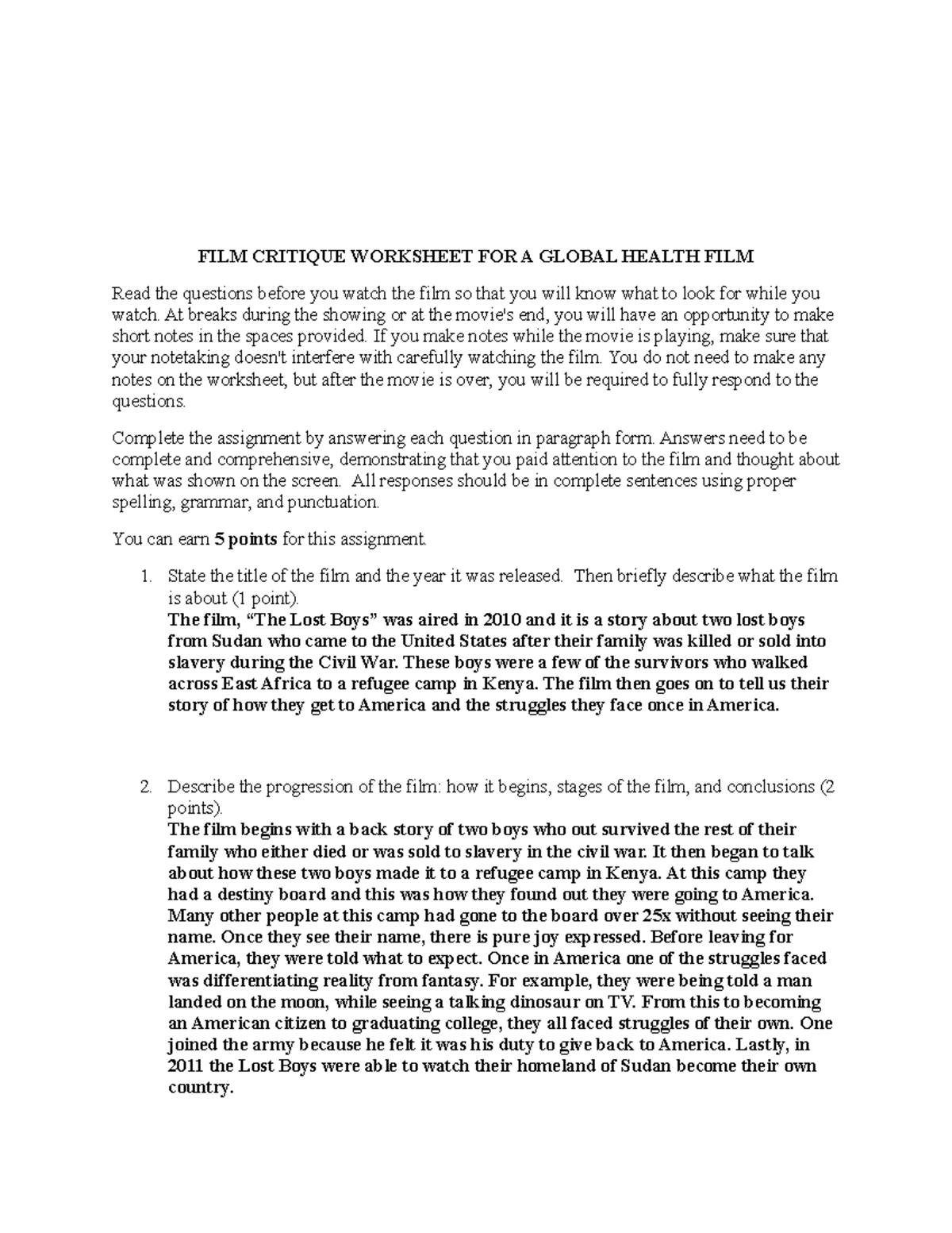 #2 Film Critique - Notes on a movie - FILM CRITIQUE WORKSHEET FOR A ...