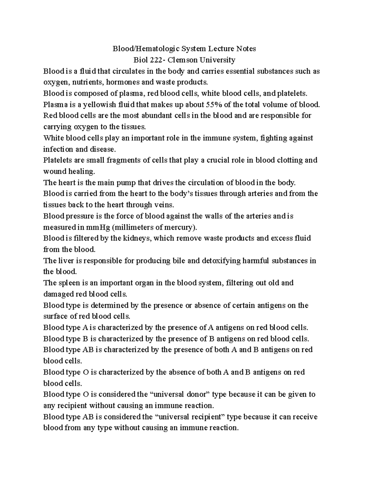 Blood Hematologic System Lecture Notes - Blood/Hematologic System ...