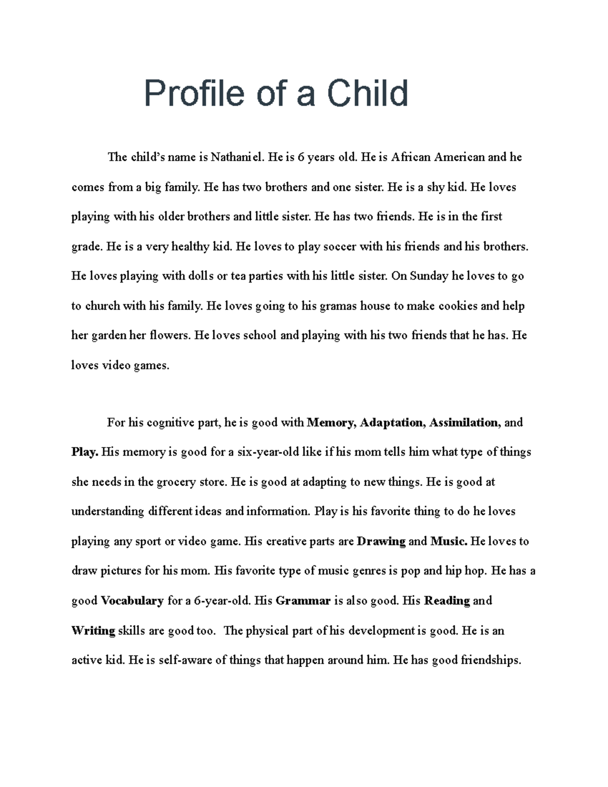 Profile of a Child - Profile of a Child The child’s name is Nathaniel ...