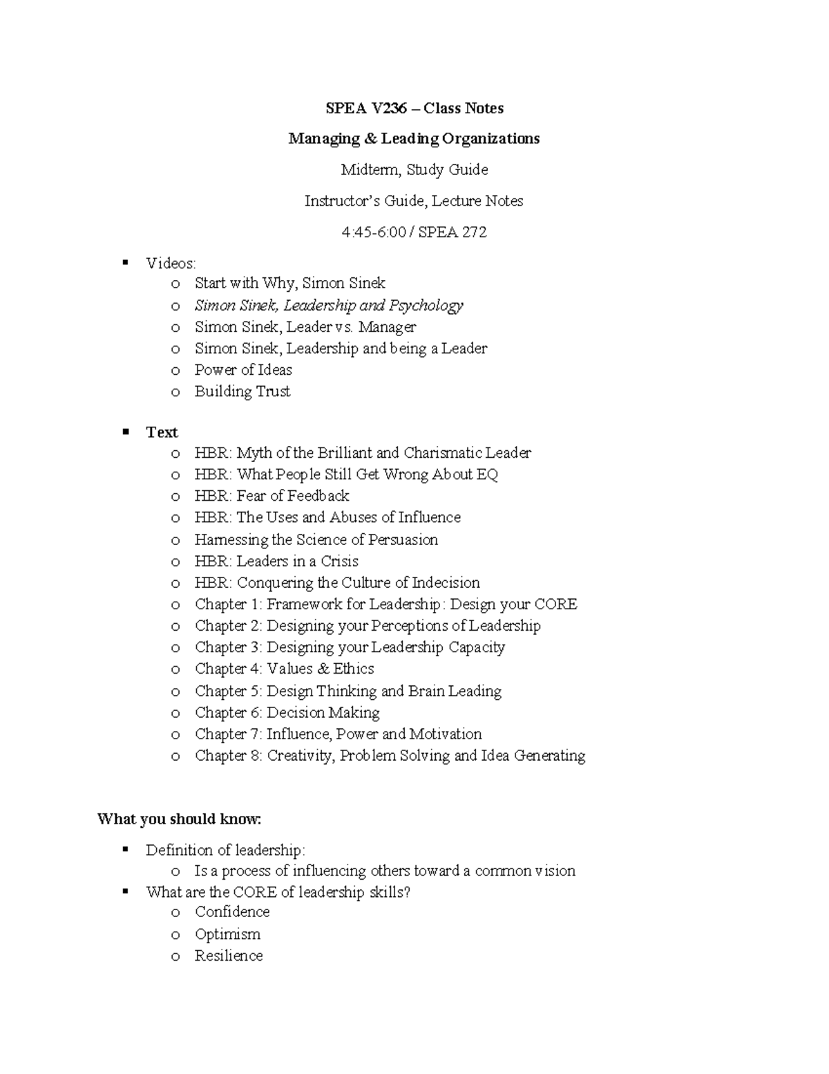 V236 Midterm Study Guide - Ckreith - SPEA V236 – Class Notes Managing ...
