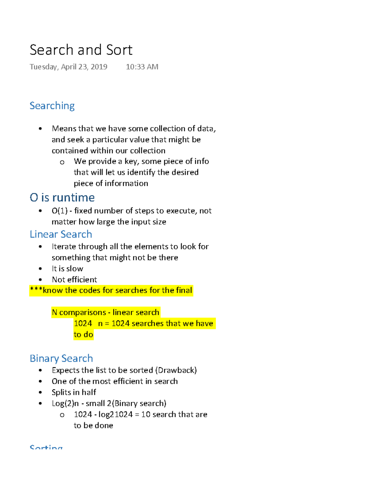 Search and Sort - Lecture notes - Searching Means that we have some ...