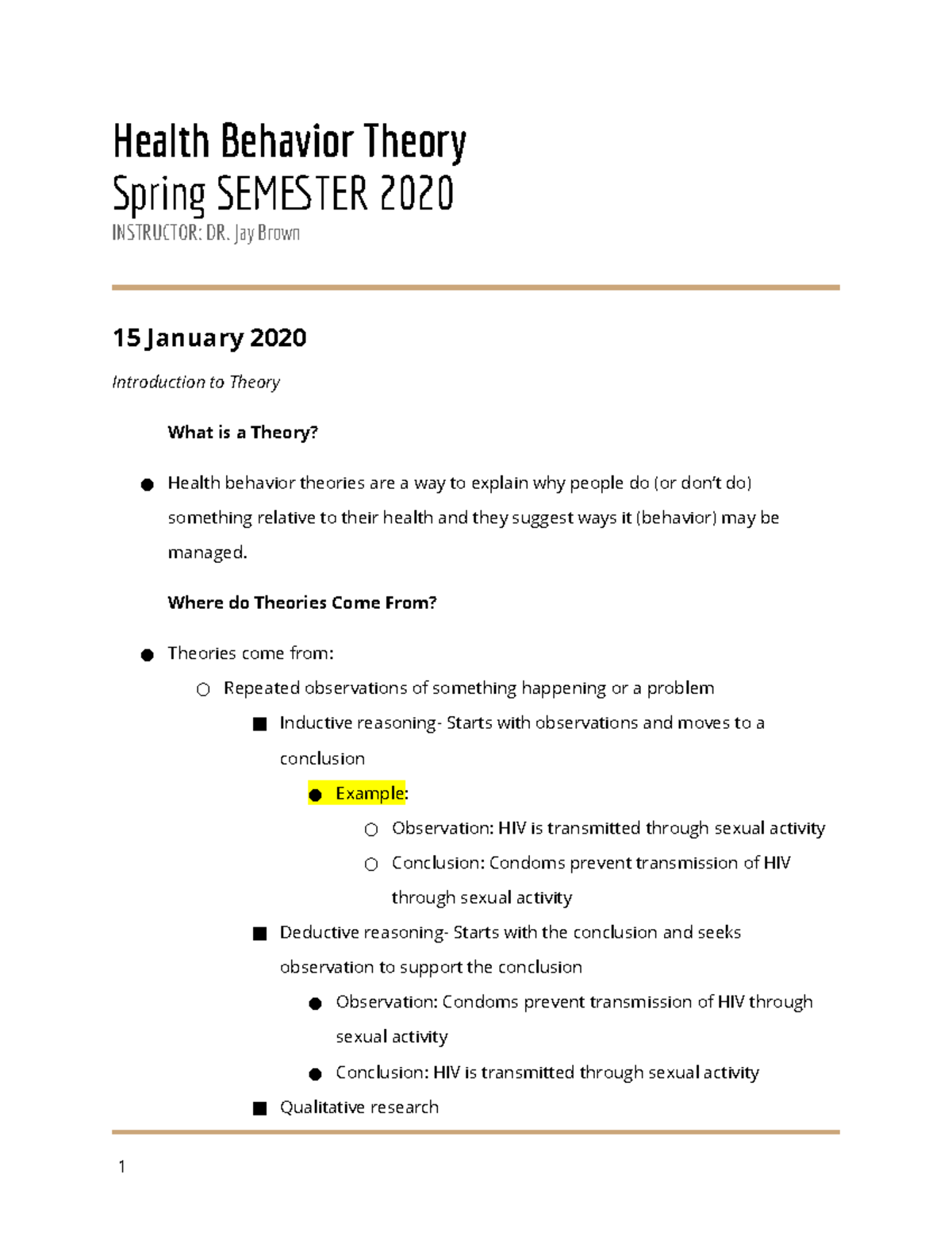 Health Behavior Notes - Health Behavior Theory Spring SEMESTER 2020 ...