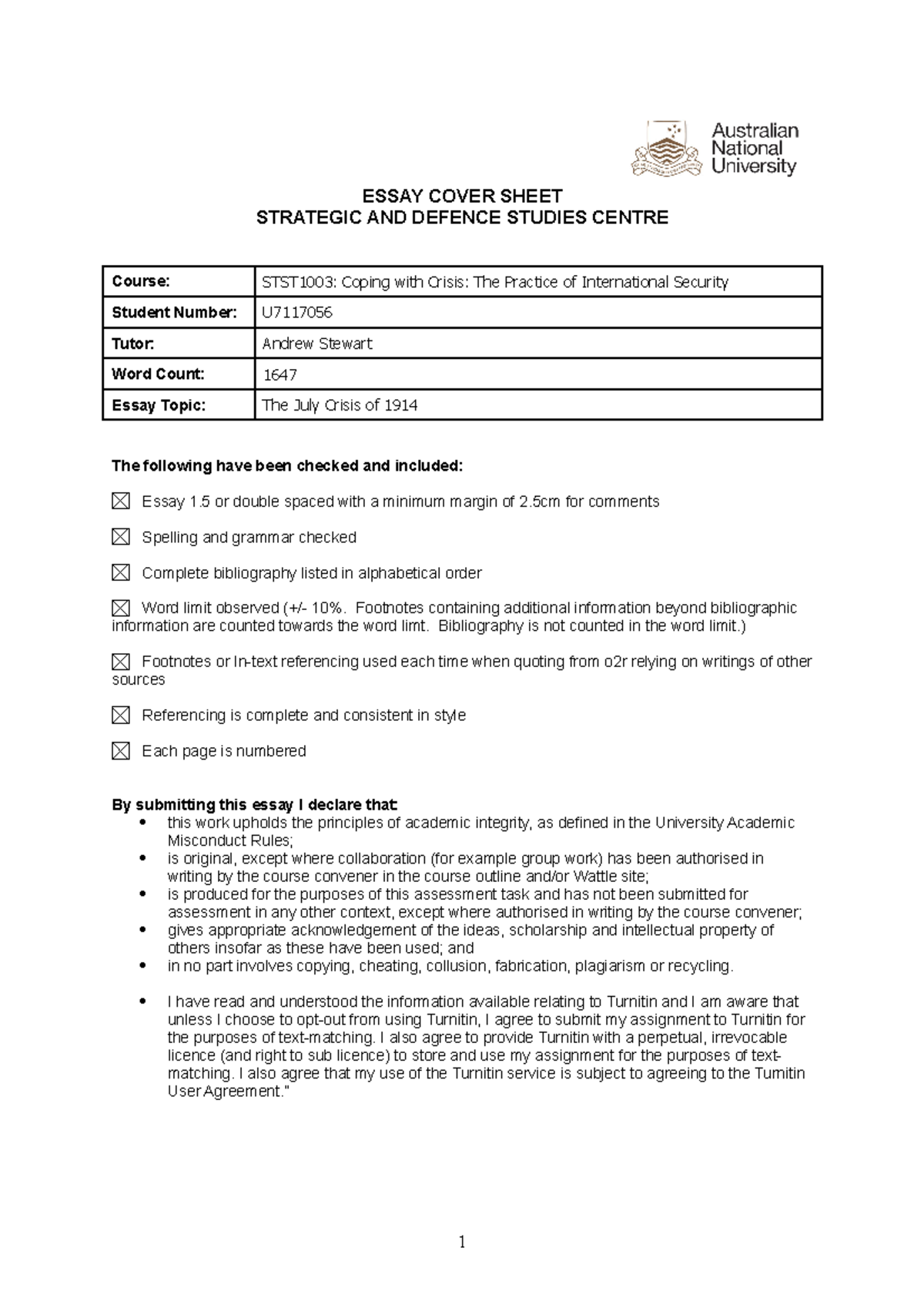 STST1003-July Crisis Final Essay - ESSAY COVER SHEET STRATEGIC AND ...
