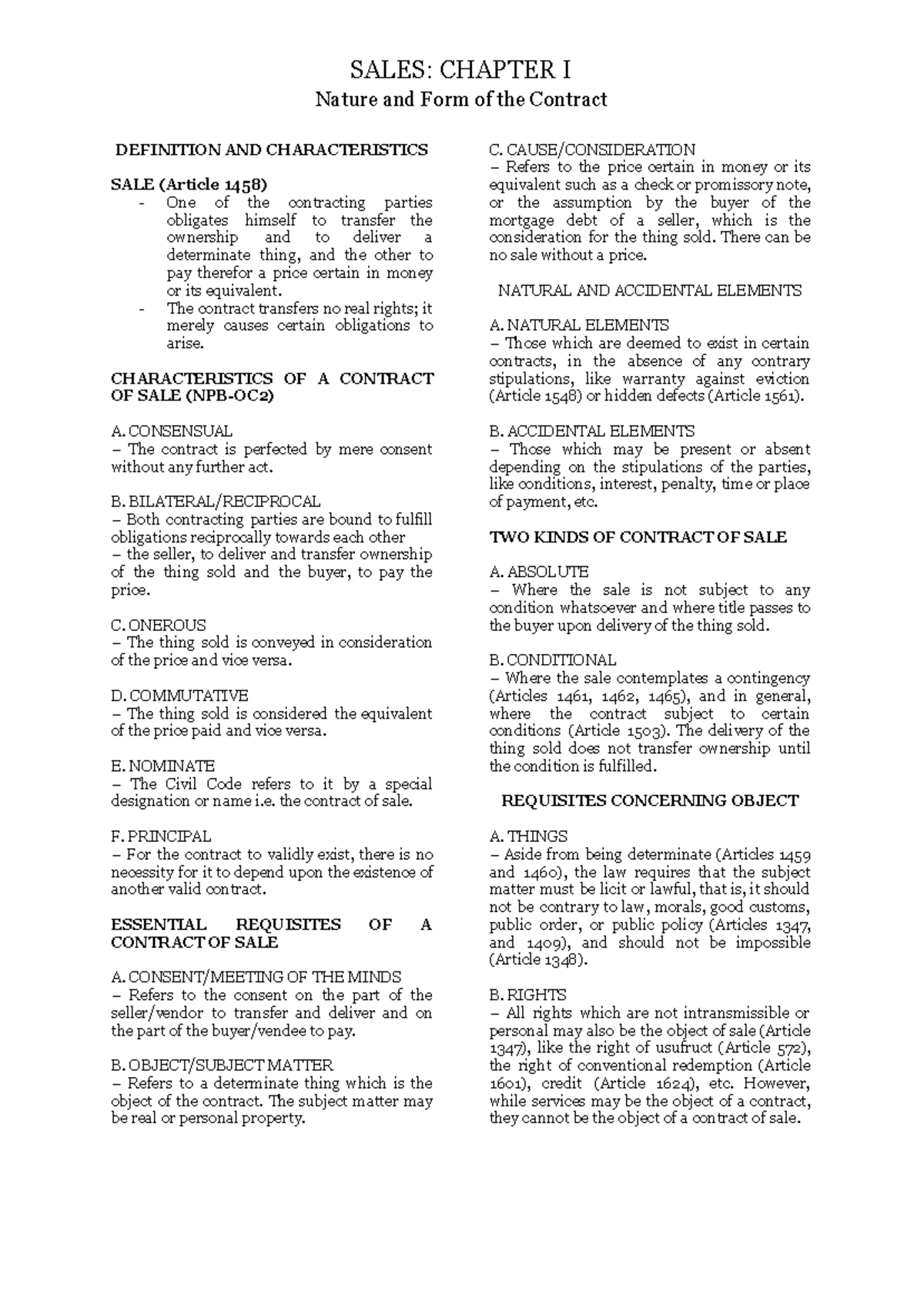 Sales Chapter 1 - notes - SALES: CHAPTER I Nature and Form of the ...