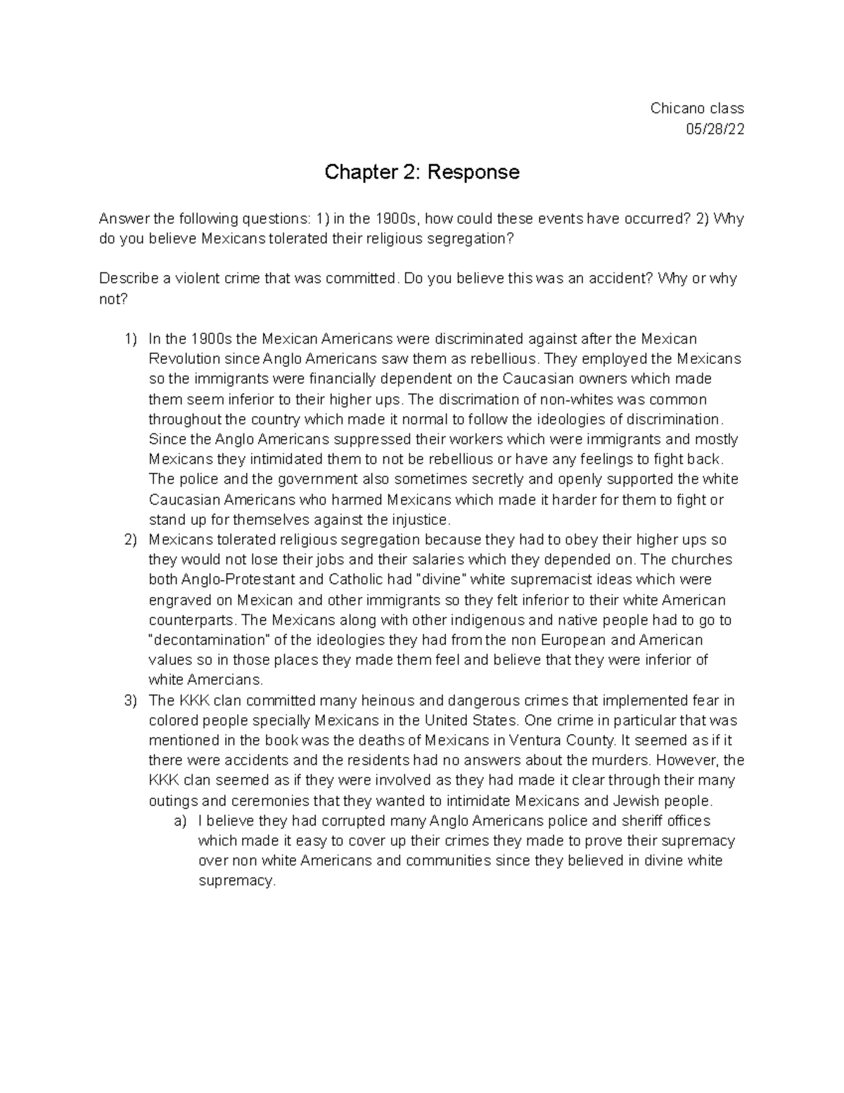 Chapter 2 Chicano Textbook Responses - Chicano class 05/28/ Chapter 2 ...