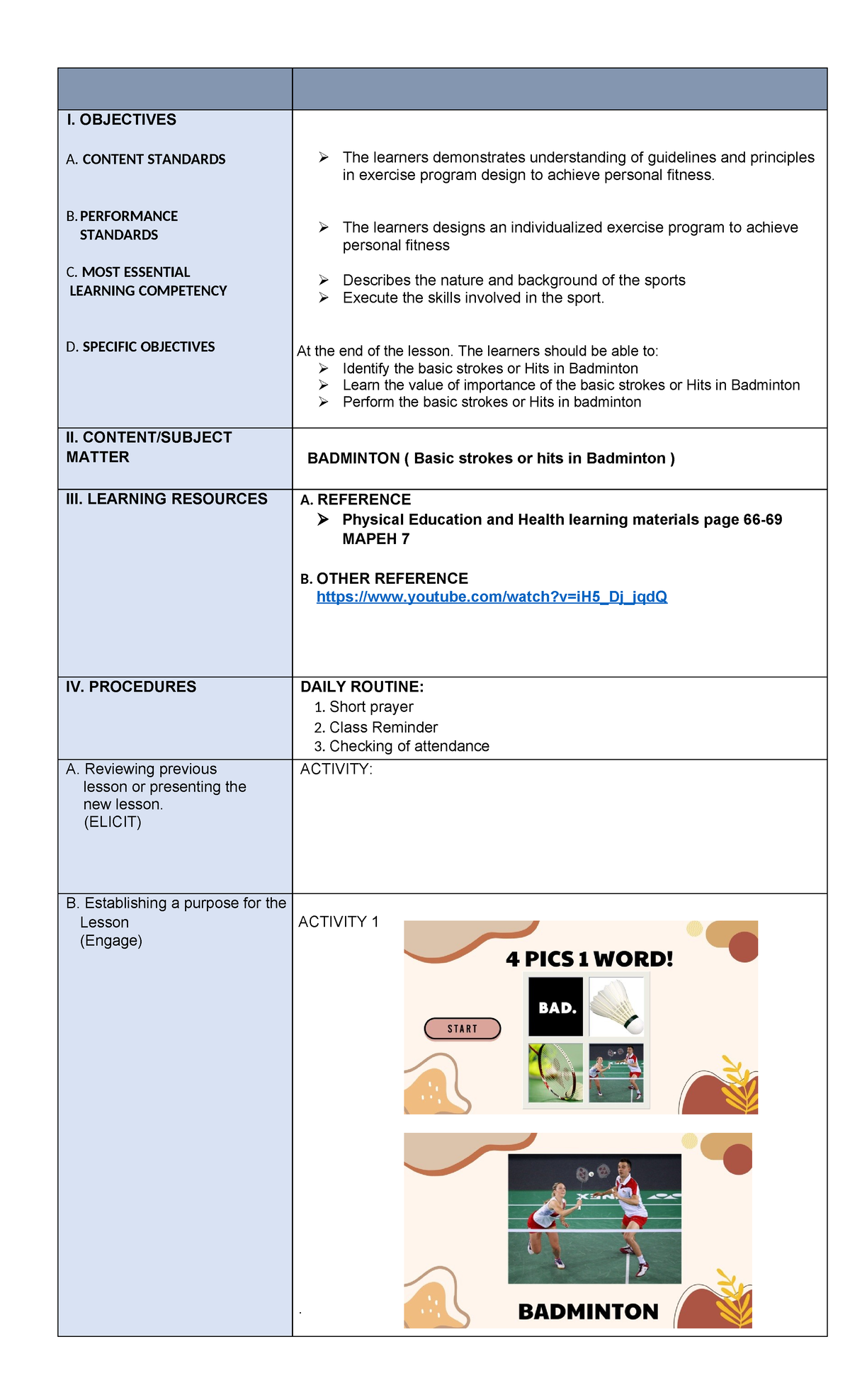 Lesson PLA Strokes OR HITS IN Badminton CCPE2 - I. OBJECTIVES A ...