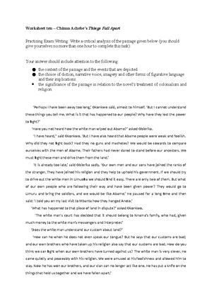 Worksheet 9 Things Fall Apart - Worksheet 9 – Chinua Achebe’s Things ...