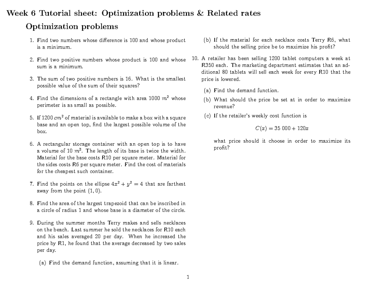 MAT01B1 Tutorial 6 2022 - Week 6 Tutorial sheet: Optimization problems ...