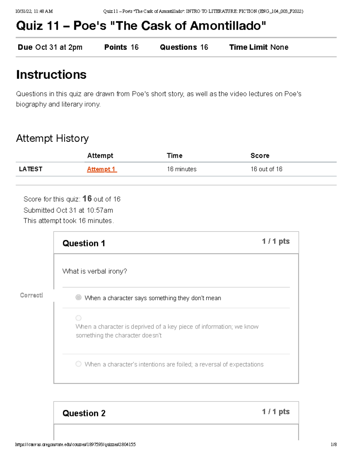 Quiz 11 – Poe's The Cask of Amontillado Intro TO Literature Fiction ...