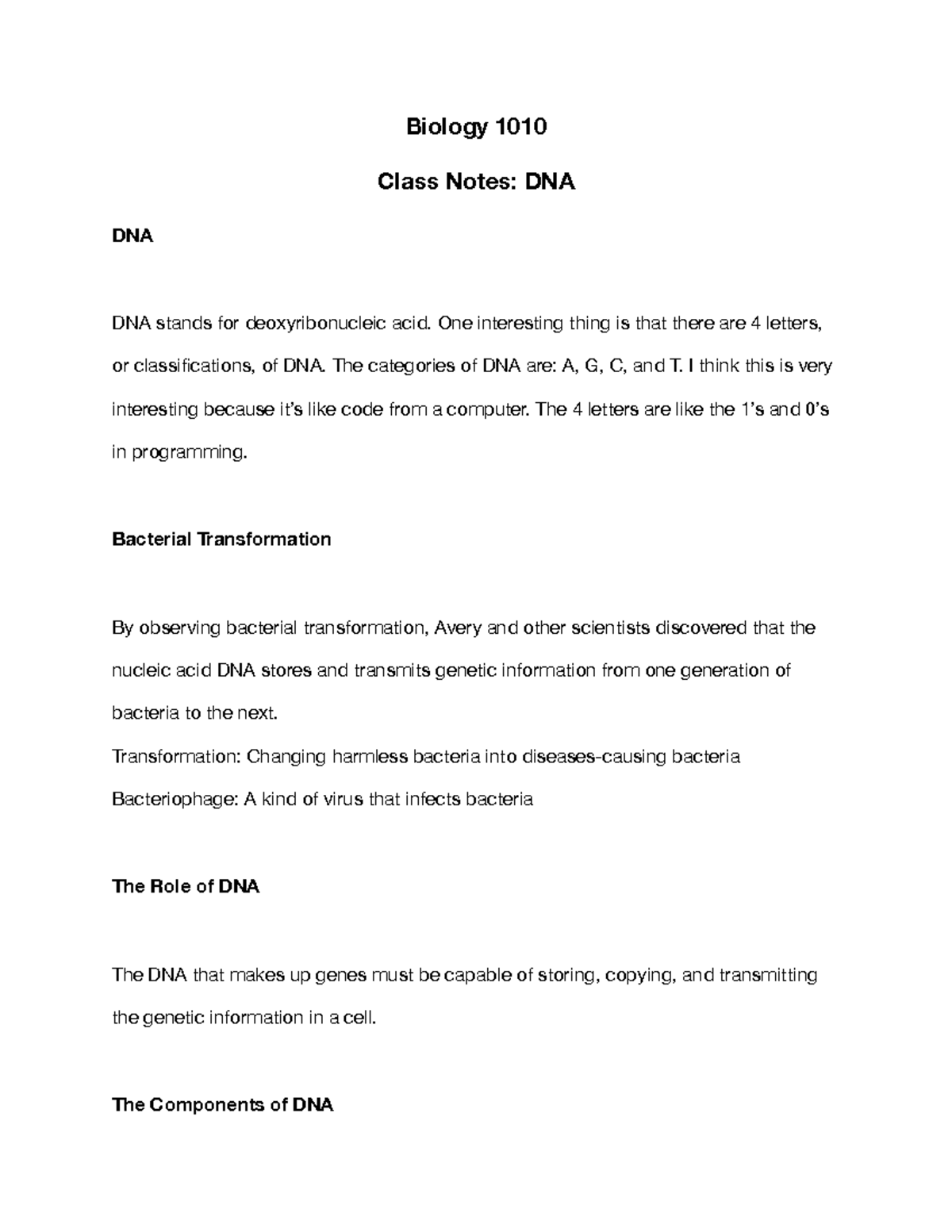 Biology 1010 Class Notes DNA - Biology 1010 Class Notes: DNA DNA DNA ...