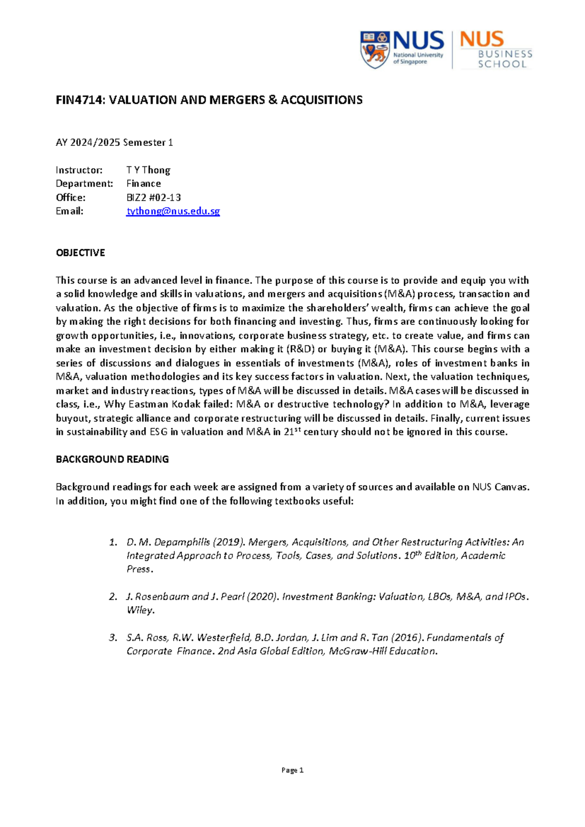 FIN4714 S1 2024 25 - Outline - FIN4714: VALUATION AND MERGERS ...