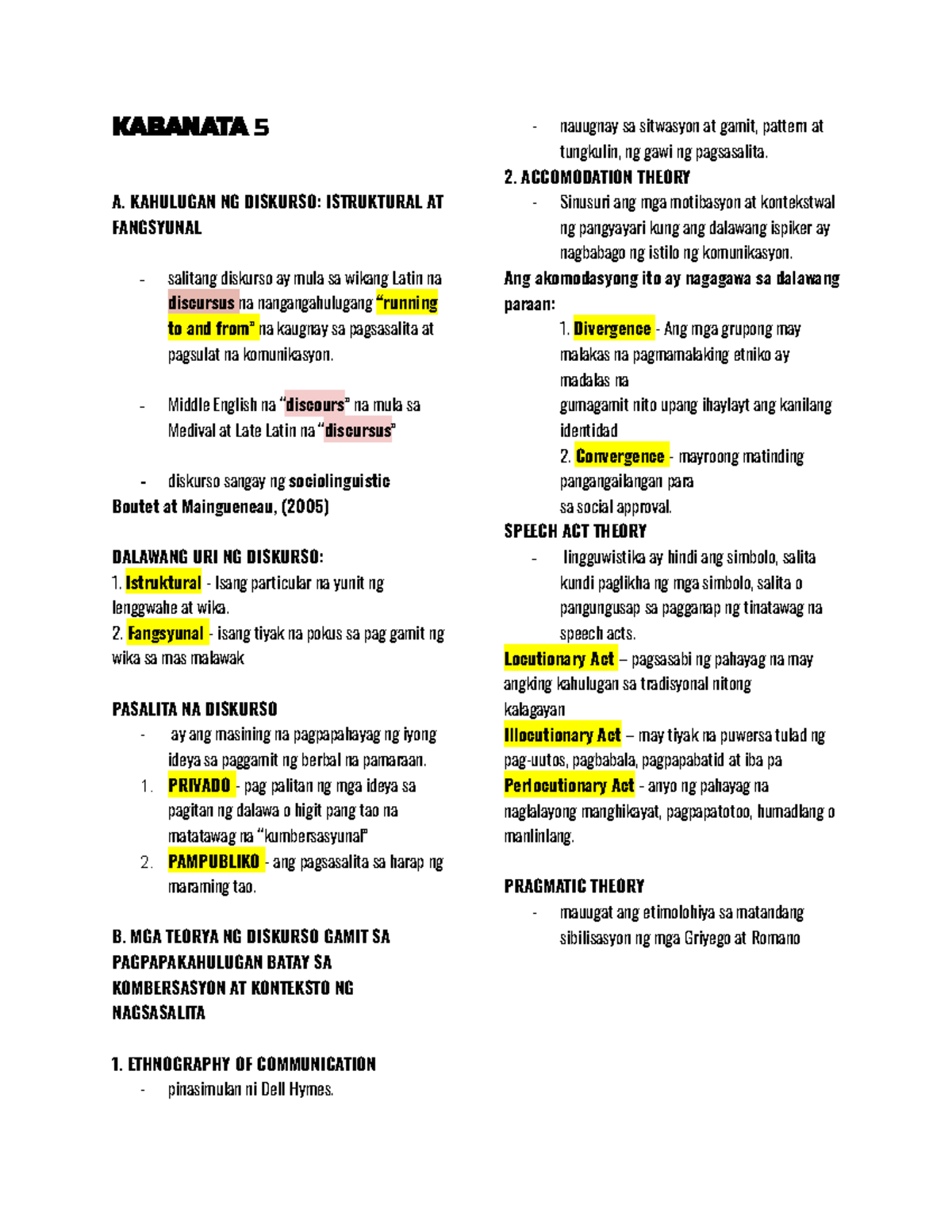 Kabanata-5-FIL Reviewer - KABANATA 5 A. KAHULUGAN NG DISKURSO ...