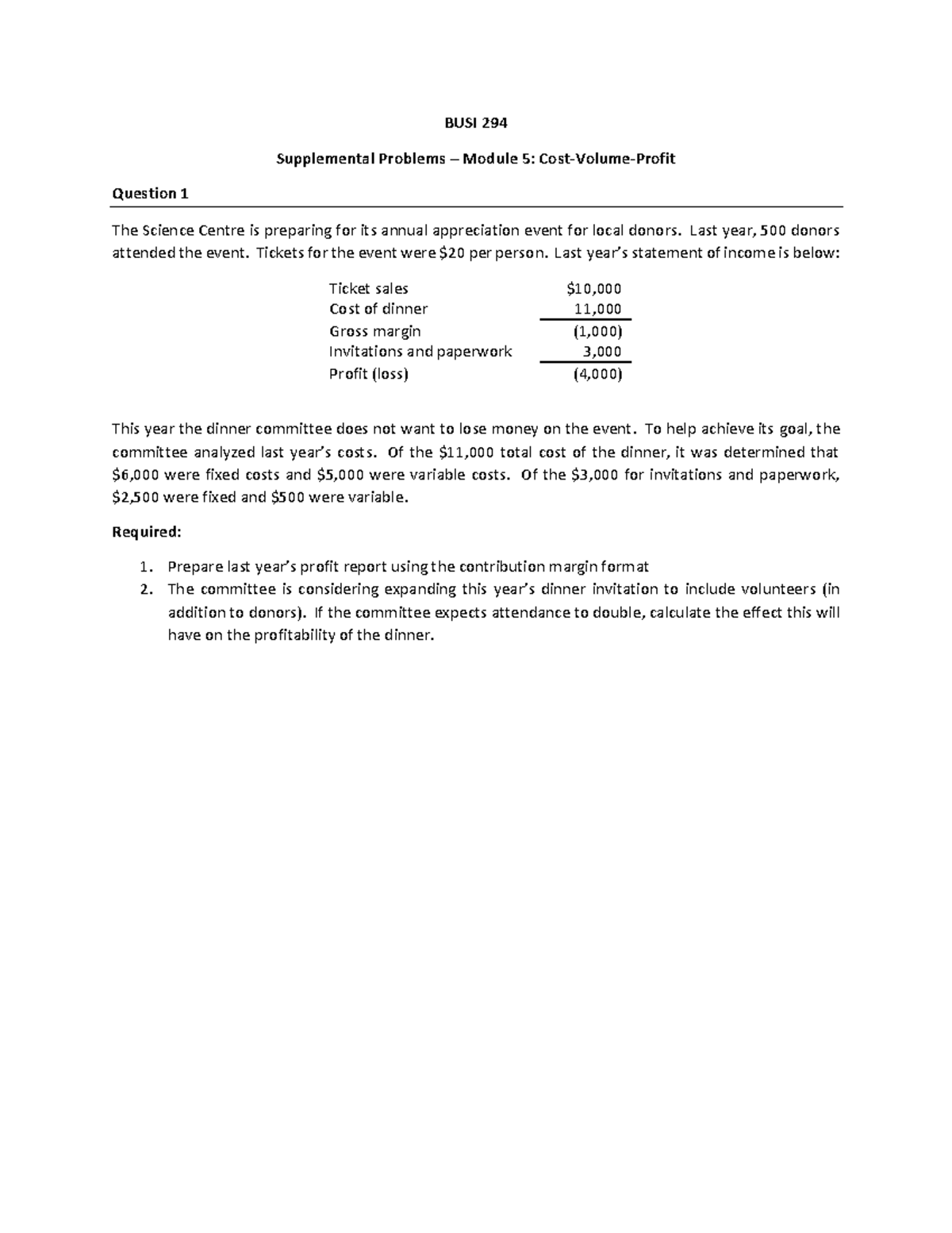 Module 5 Supplemental Problems- Small Business Management - BUSI 294 Supplemental Problems ...