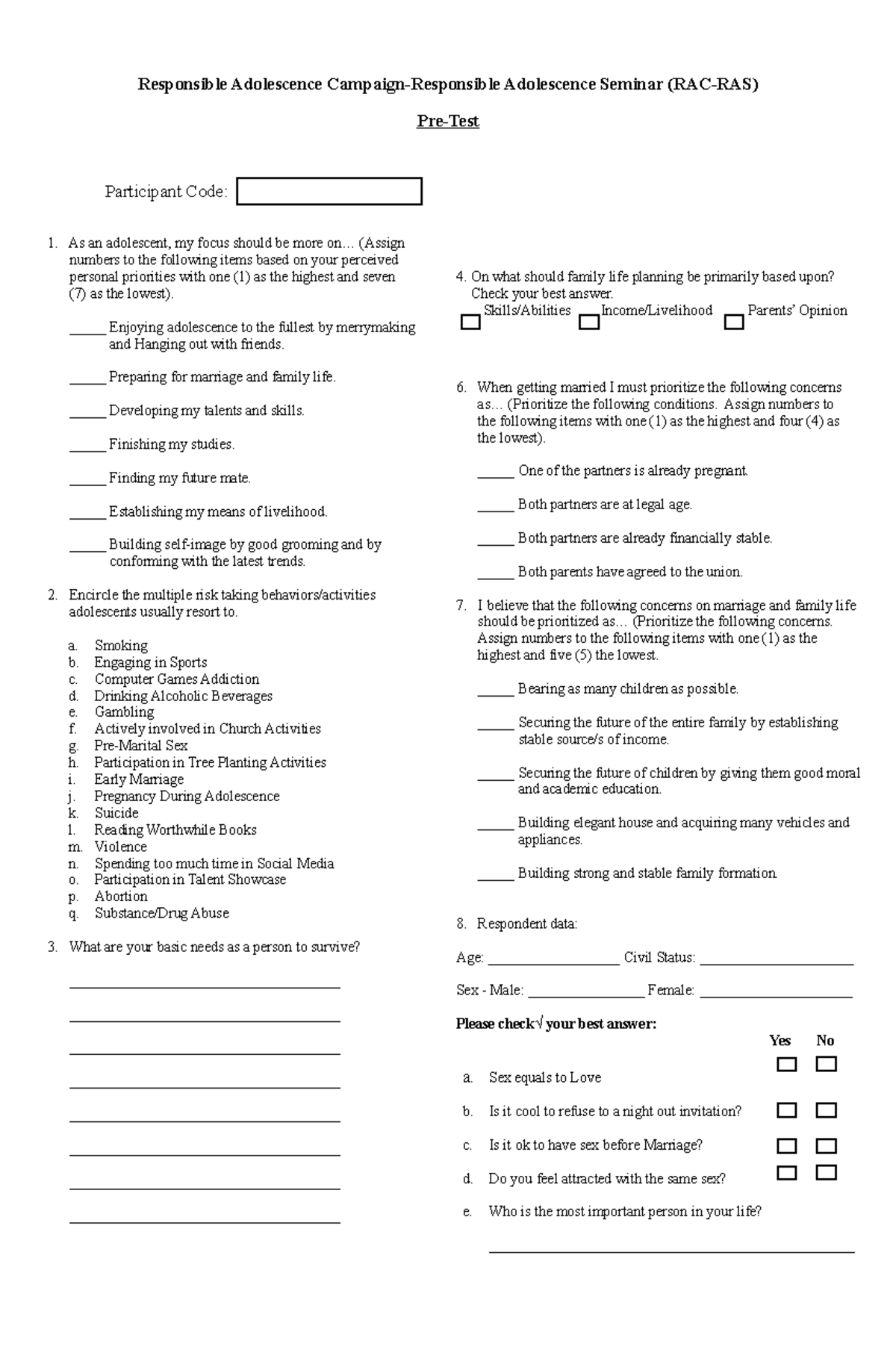 RAS Workshopsheets - RAS Worksheet - Responsible Adolescence Campaign ...