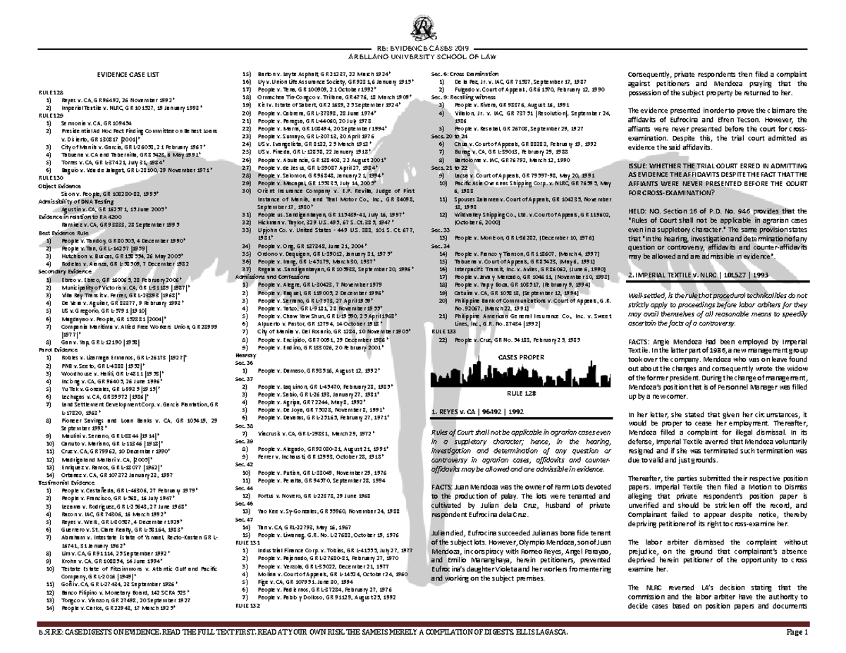 2019 Evidence Escolin Digests VER. 9 - ARELLANO UNIVERSITY SCHOOL OF ...