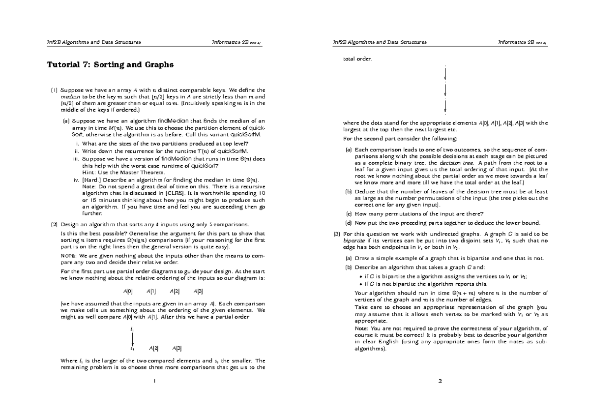 Tutorial 07 Sorting And Graphs Questions Inf2b Algorithms And Data Structures Informatics