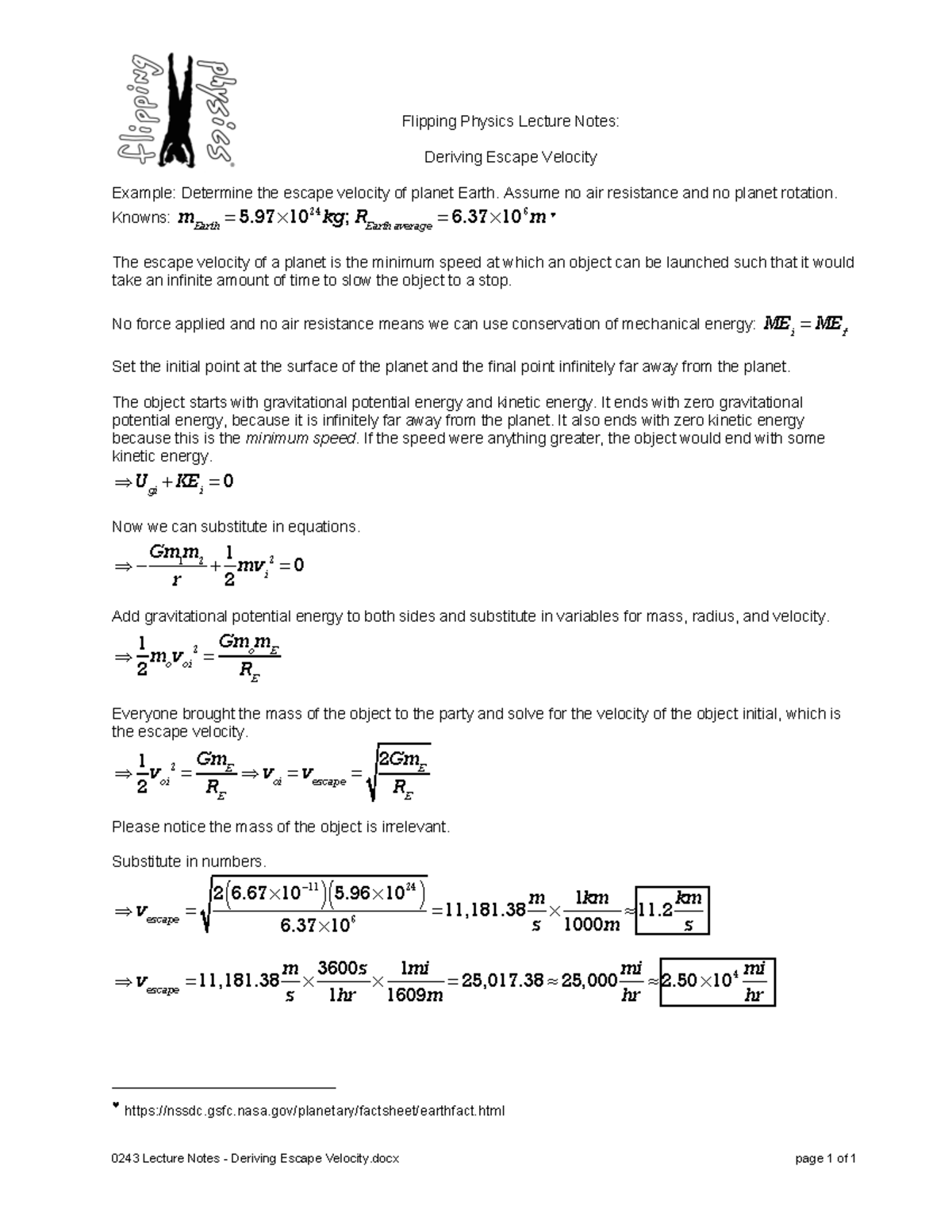 0243 lecture notes - deriving escape velocity - 0243 Lecture Notes ...