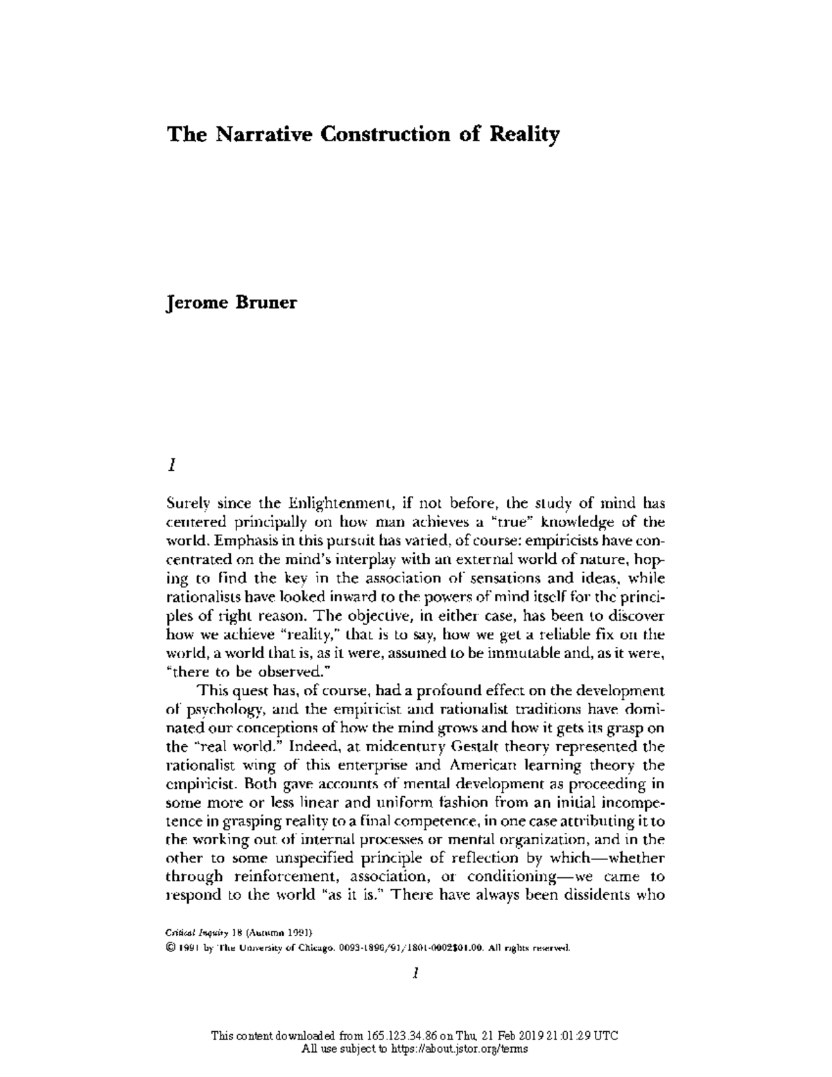 Bruner 1991 - The narrative construction of reality - The Narrative ...