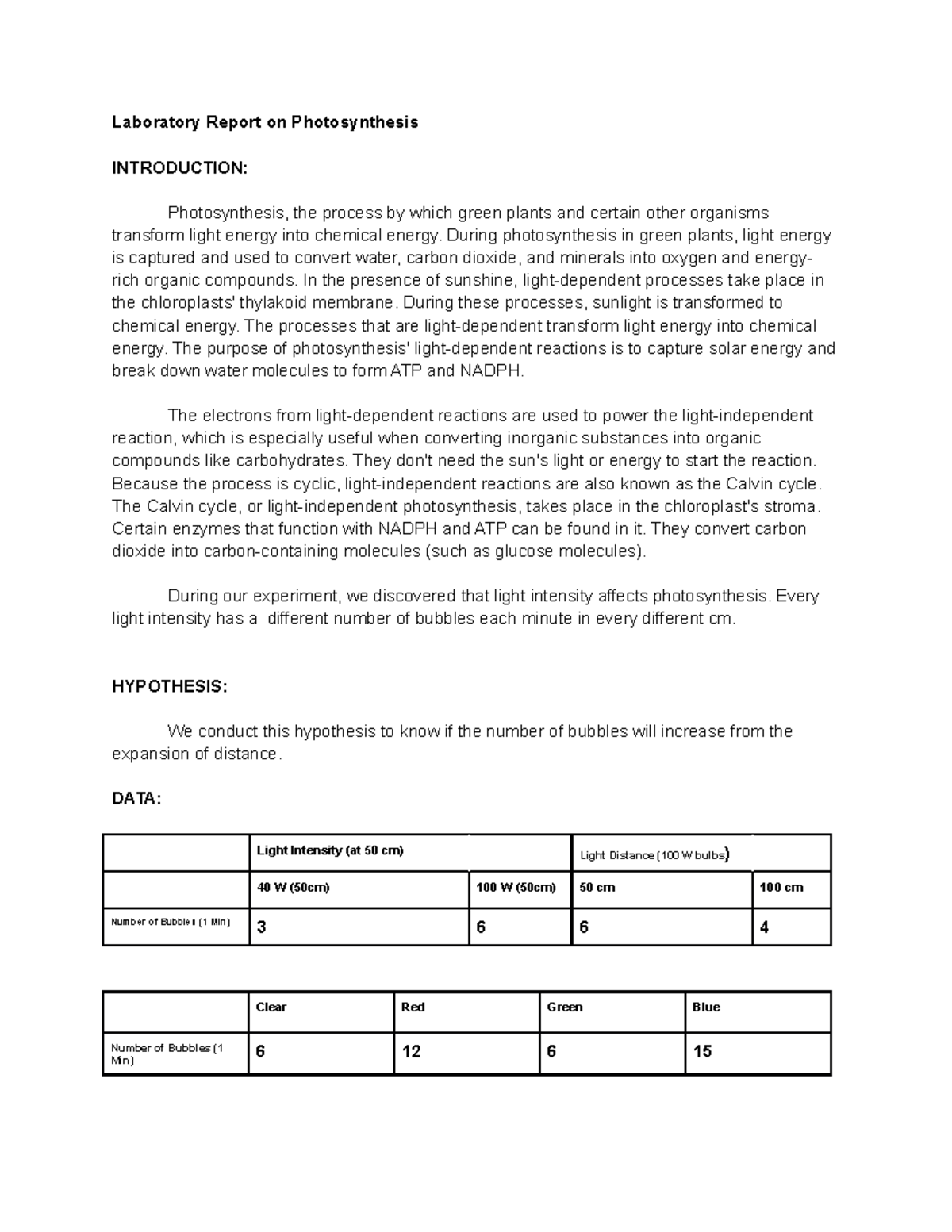 Biology Lab Report Document - Laboratory Report on Photosynthesis ...