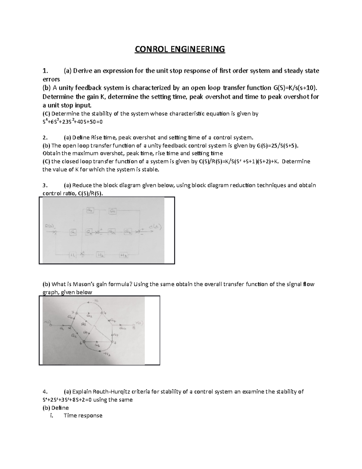 Conrol Engineering - Lecture notes 1.2 - CONROL ENGINEERING 1. (a ...