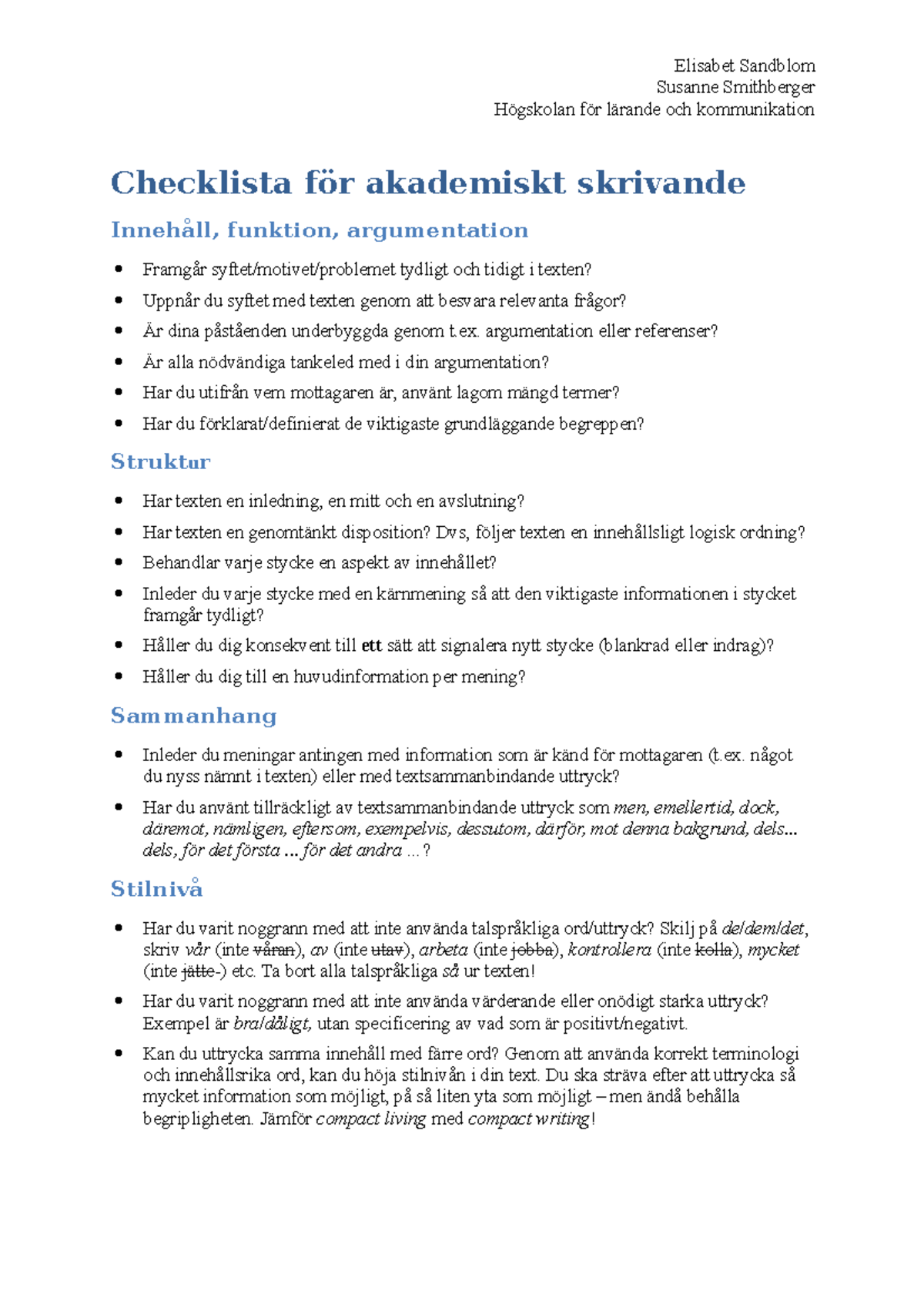 Checklista för akademiskt skrivande - Elisabet Sandblom Susanne ...