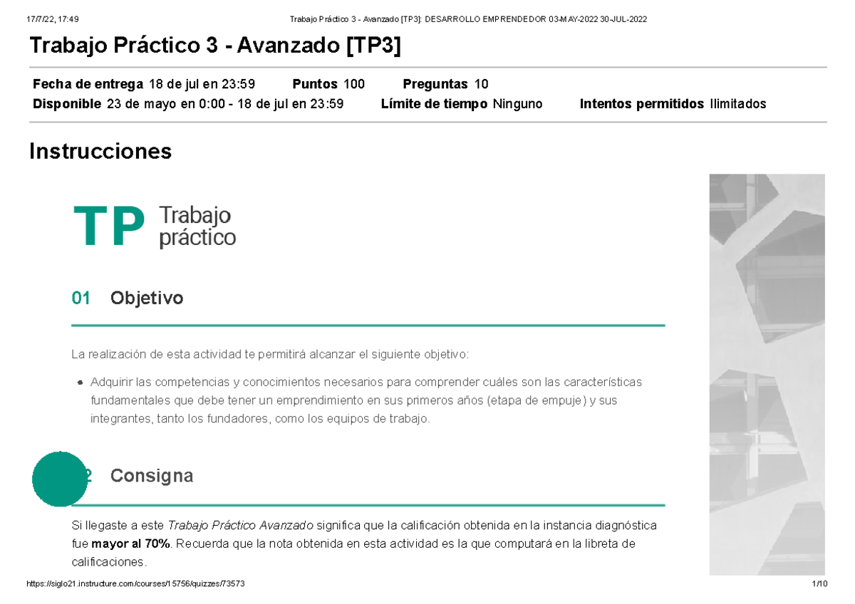 Trabajo Práctico 3 - Avanzado [TP3] Desarrollo Emprendedor 03-MAY-2022 30-JUL-2022 - Trabajo ...