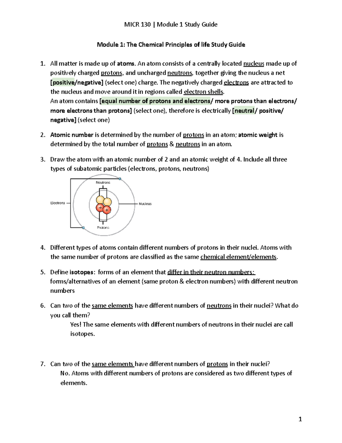 Module 1 The Chemical Principles of Life Study Guide - MICR 130 ...