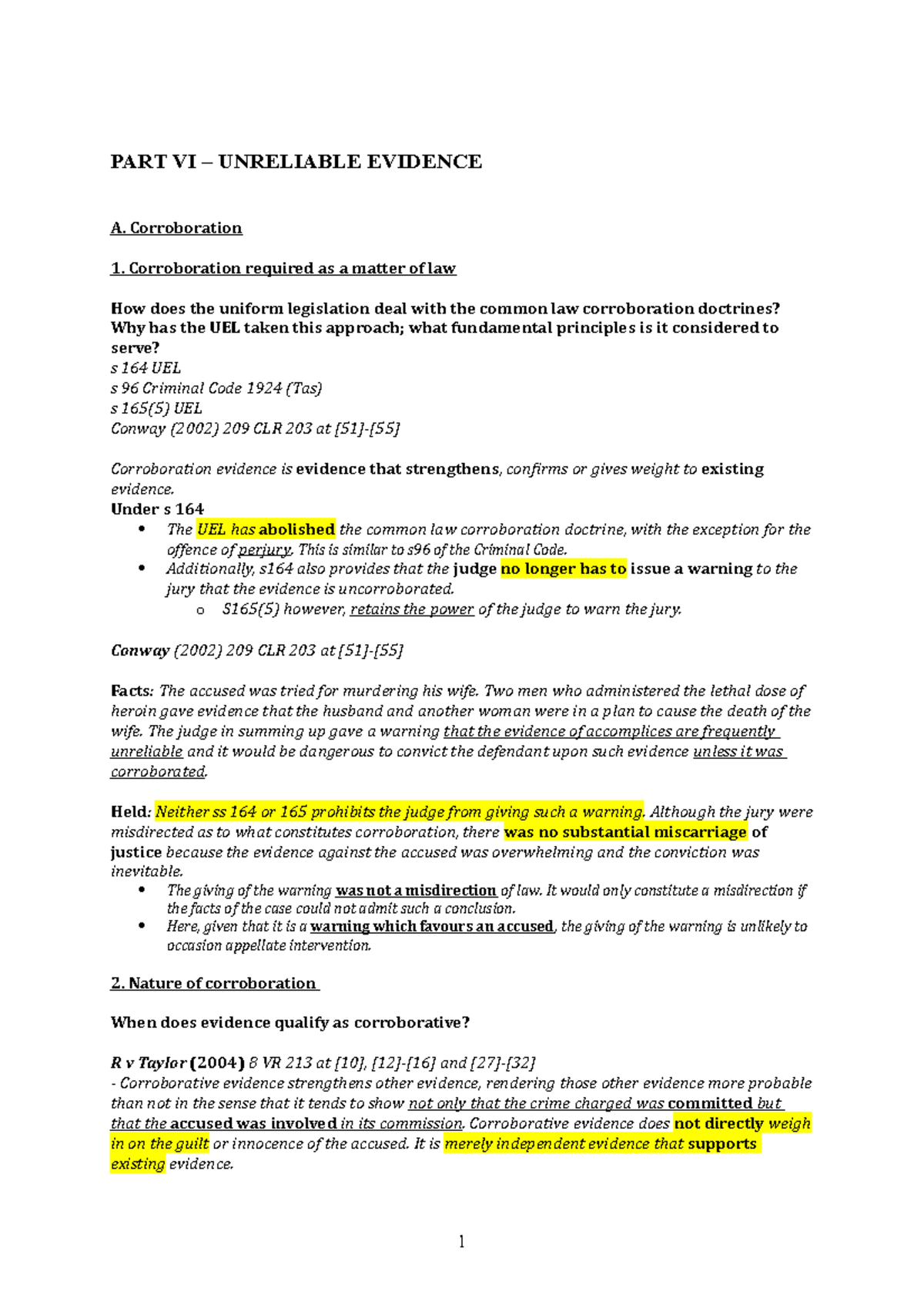 Unreliable Evidence - PART VI – UNRELIABLE EVIDENCE A. Corroboration ...