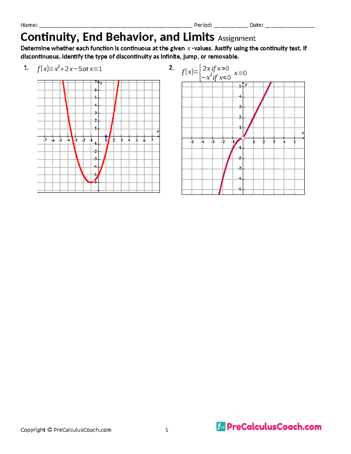 1 3 Assignment Continuity End Behavior and Limits - Continuity, End Behavior, and Limits ...