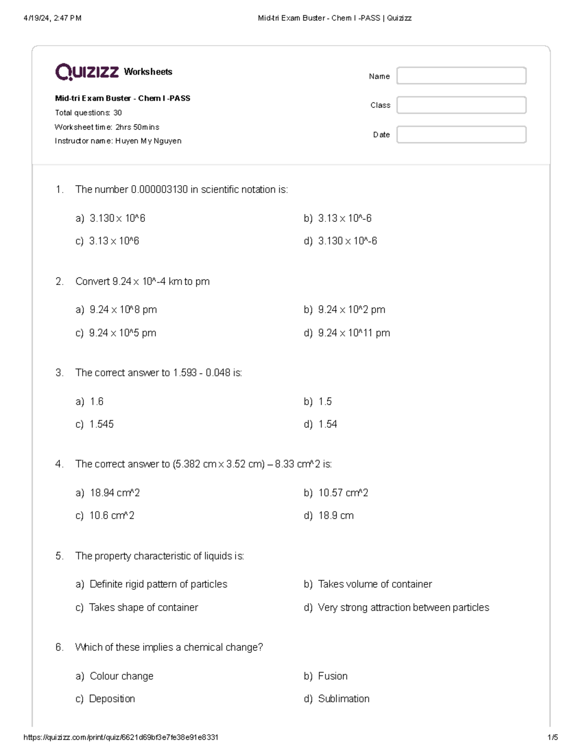 Mid-tri Exam Buster - Chem I -PASS Quizizz - Worksheets Mid-tri Exam ...
