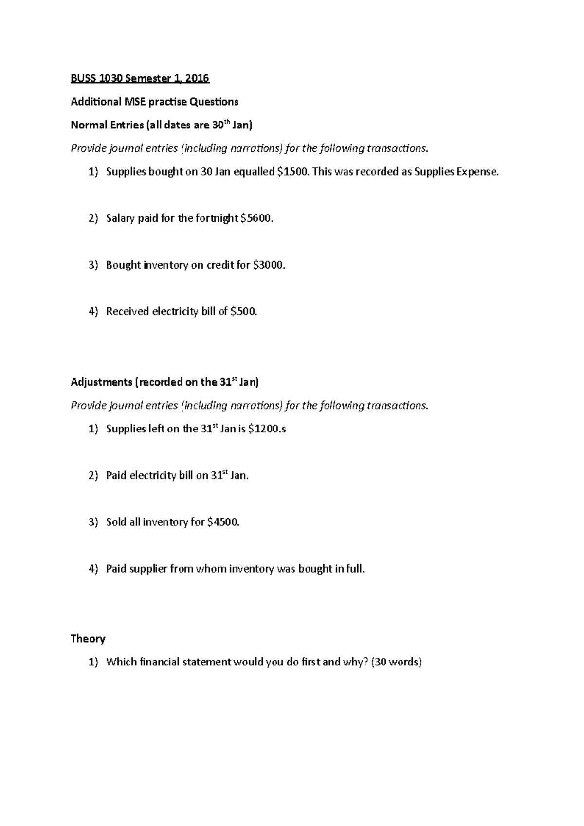 Sample/practice exam 2016, questions - BUSS 1030 Semester 1, 2016 ...