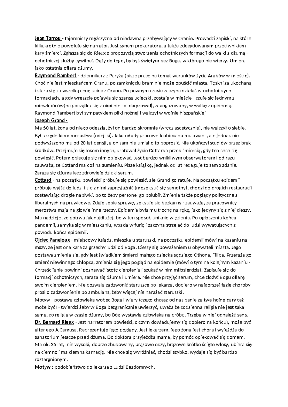 Bohaterowie dżumy i ich postawy - Jean Tarrou - tajemniczy mężczyzna od ...