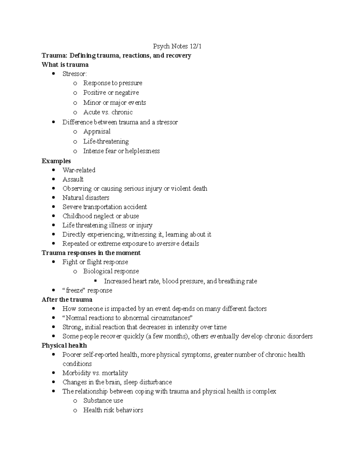 Psych Notes 12:1 - Psych Notes 12/ Trauma: Defining trauma, reactions ...