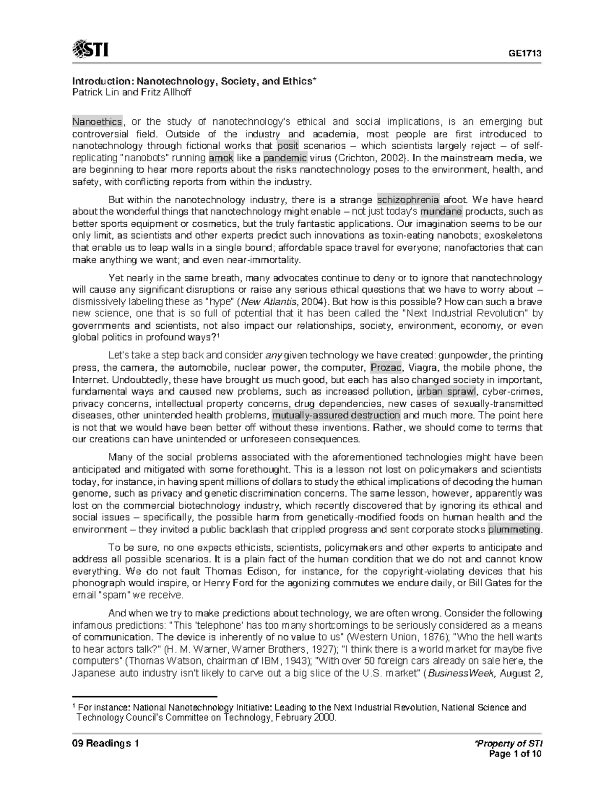 09 Readings 1 - bi ng ot - 09 Readings 1 *Property of STI Introduction ...