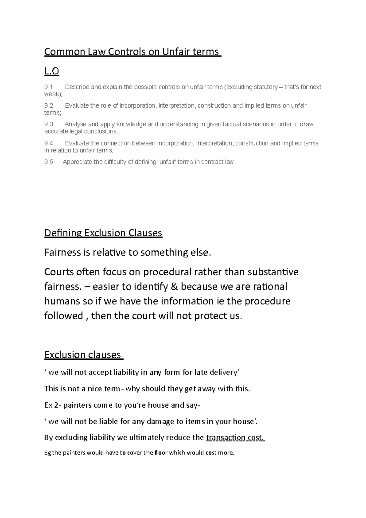 Common Law Controls on Unfair terms W9 - Common Law Controls on Unfair ...