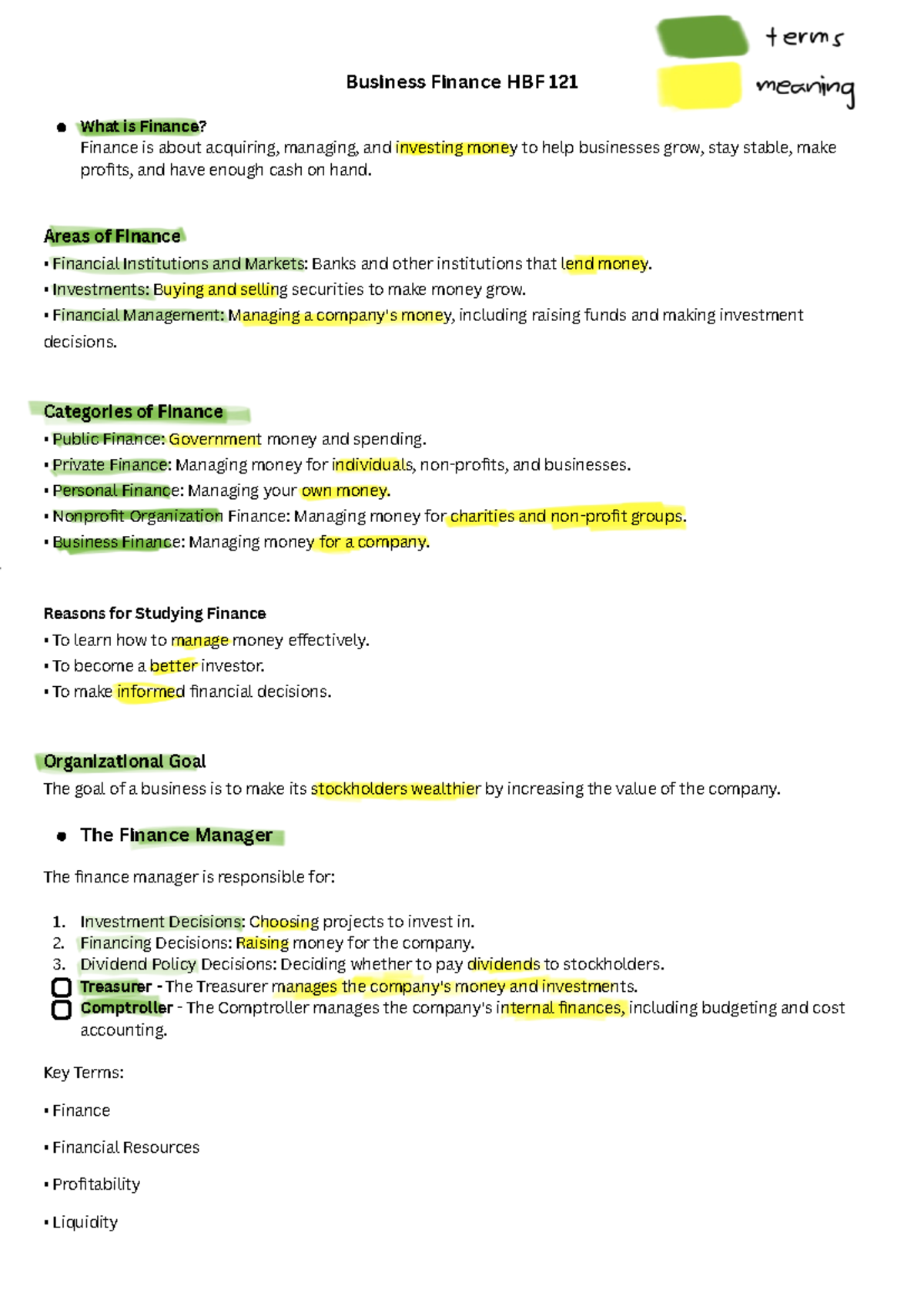 Reviewer Summary (Up to Slide 16) - Business Finance HBF 121 Areas of ...