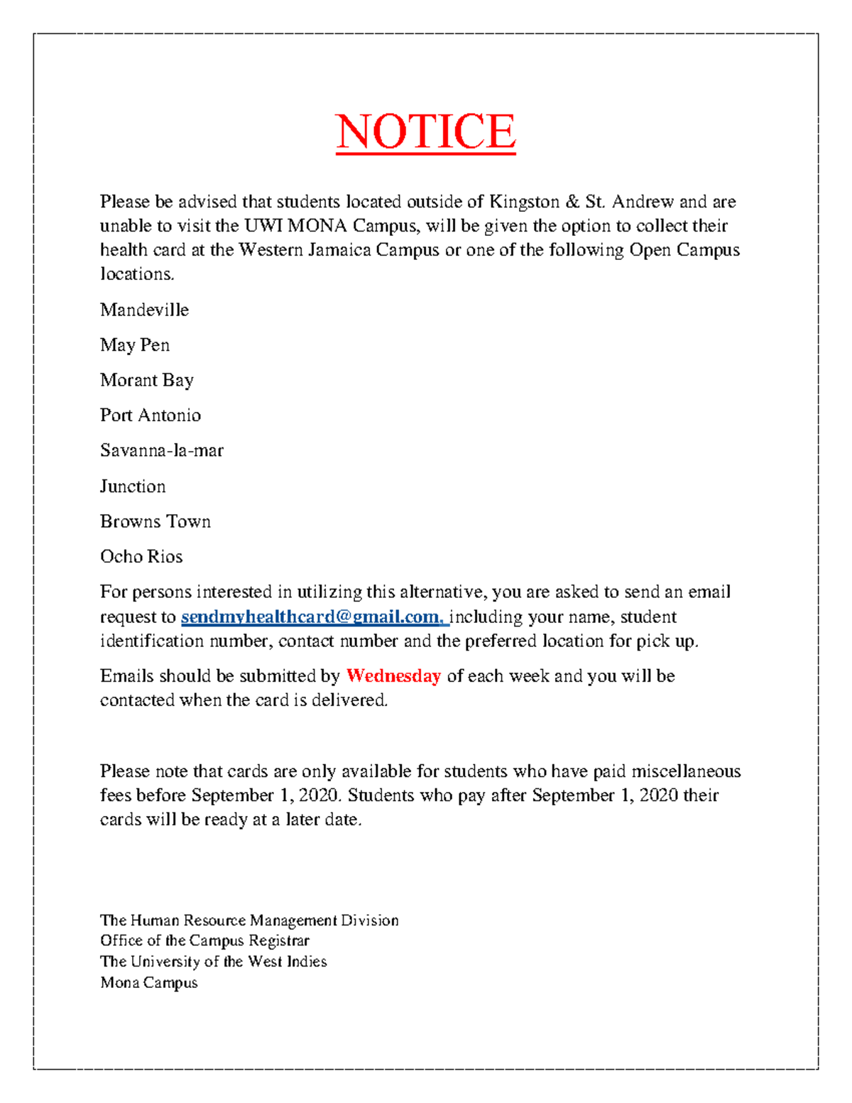 Health Card Notice 2020 - NOTICE Please be advised that students ...