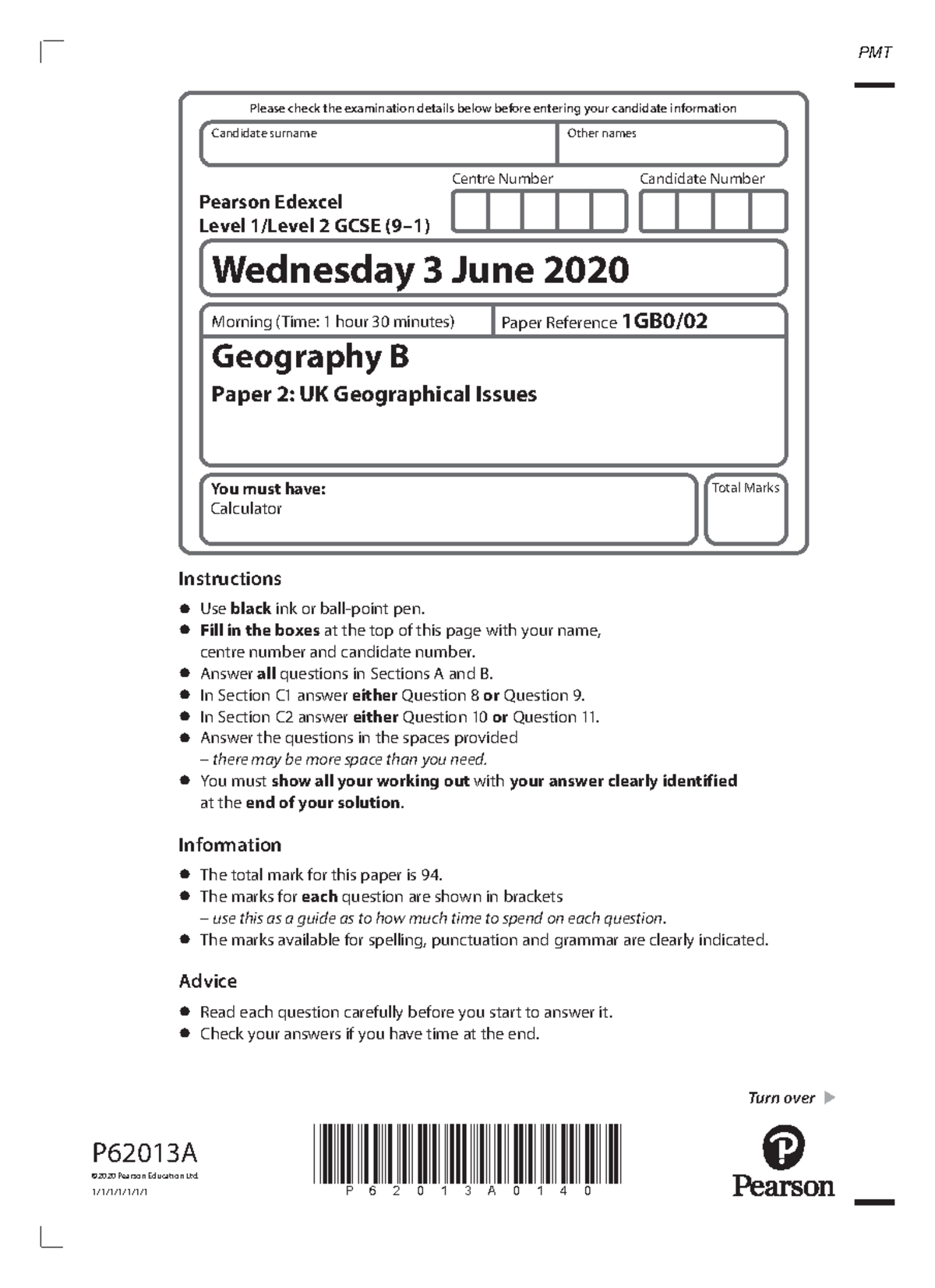June 2020 QP - Paper 2 Edexcel (B) Geography GCSE - P62013A0140 Turn ...