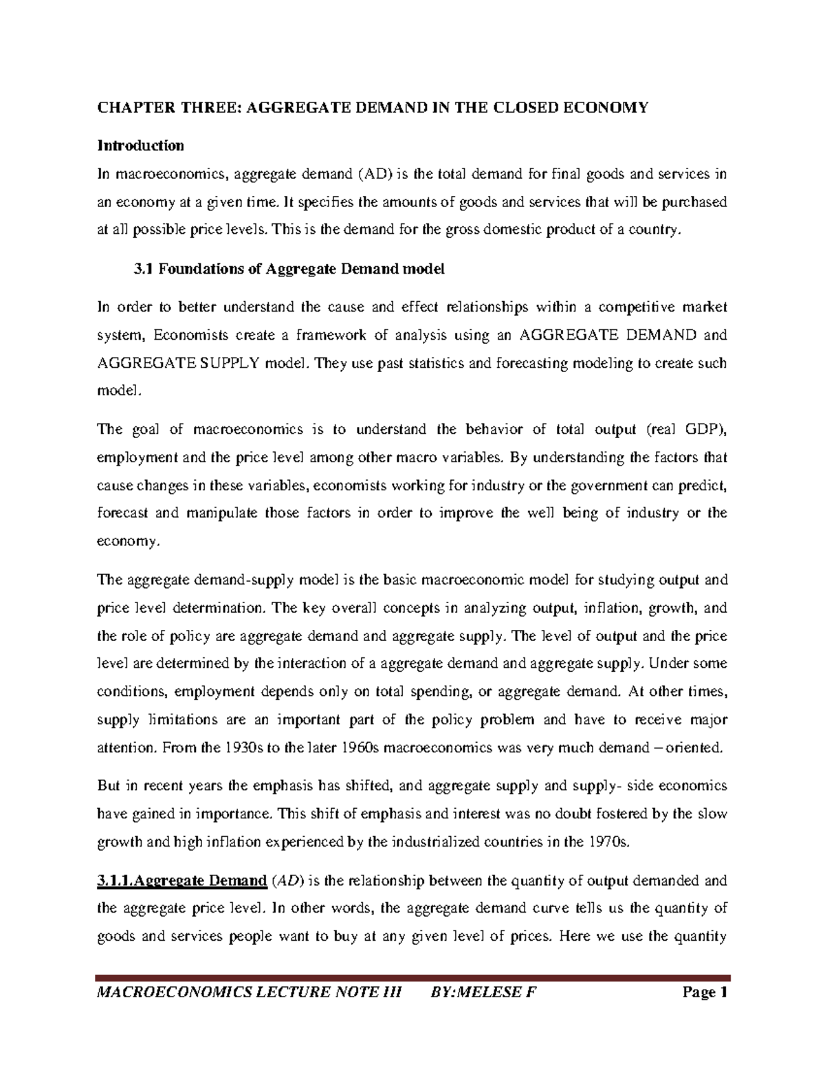 Macroeconomics Lecture note 3 - CHAPTER THREE: AGGREGATE DEMAND IN THE ...