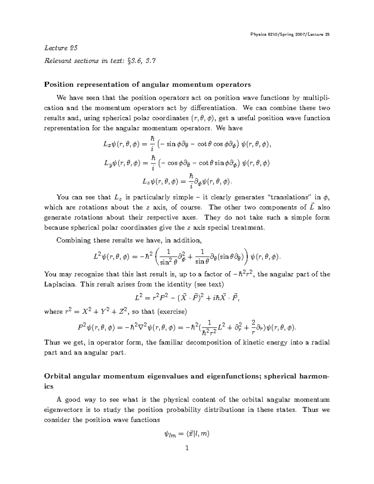 25.pdf position representation of angular momentum operators - Lecture 25 Relevant sections in ...