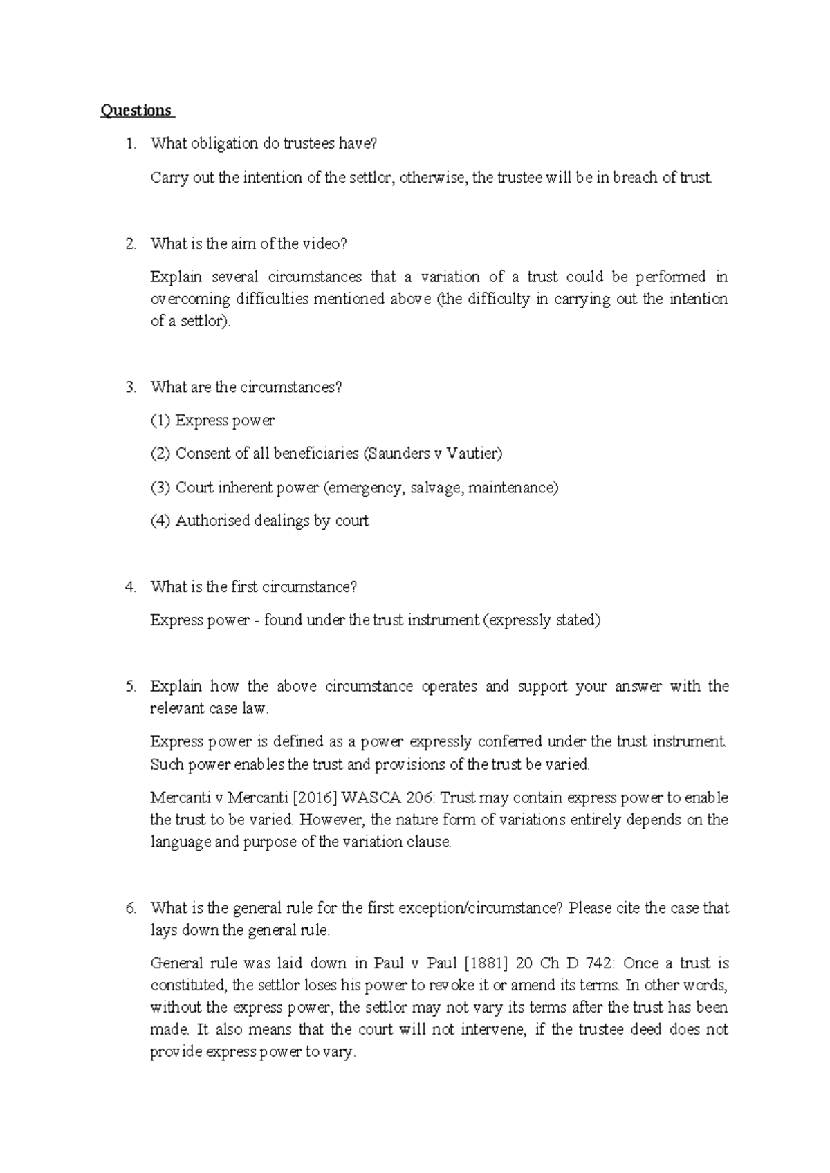 Questions for Video Learning on Variation of Trusts - Questions 1. What ...